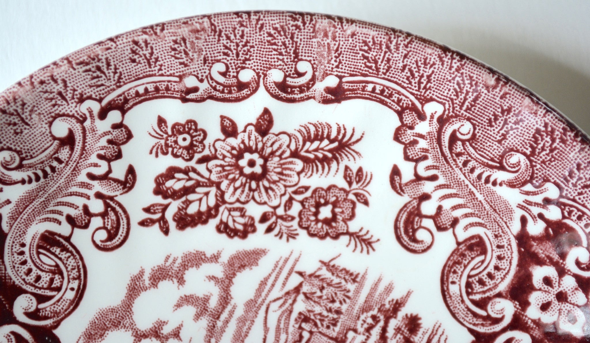 Red Transferware Plate English Row Boat on the River with Roses & Scro