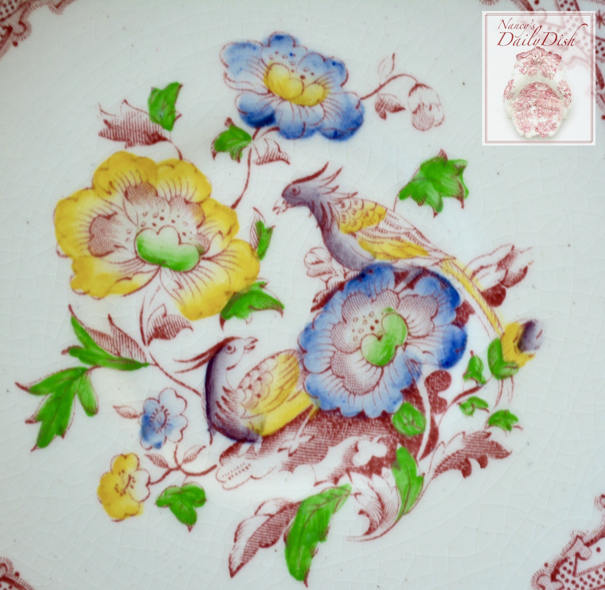 English Earthenware Red Transferware Plate Hand Painted Victorian Bouq