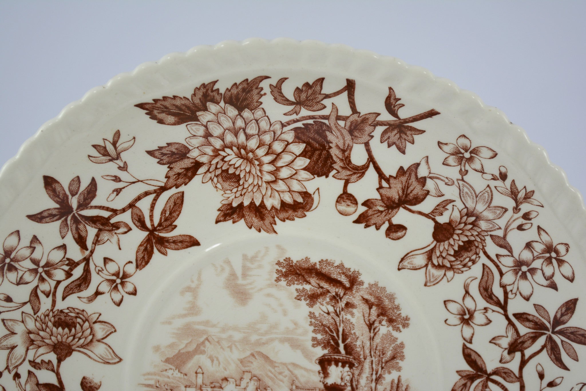 Vintage Spode Aster Brown Transferware Dual Handled Soup Bowl & Plate