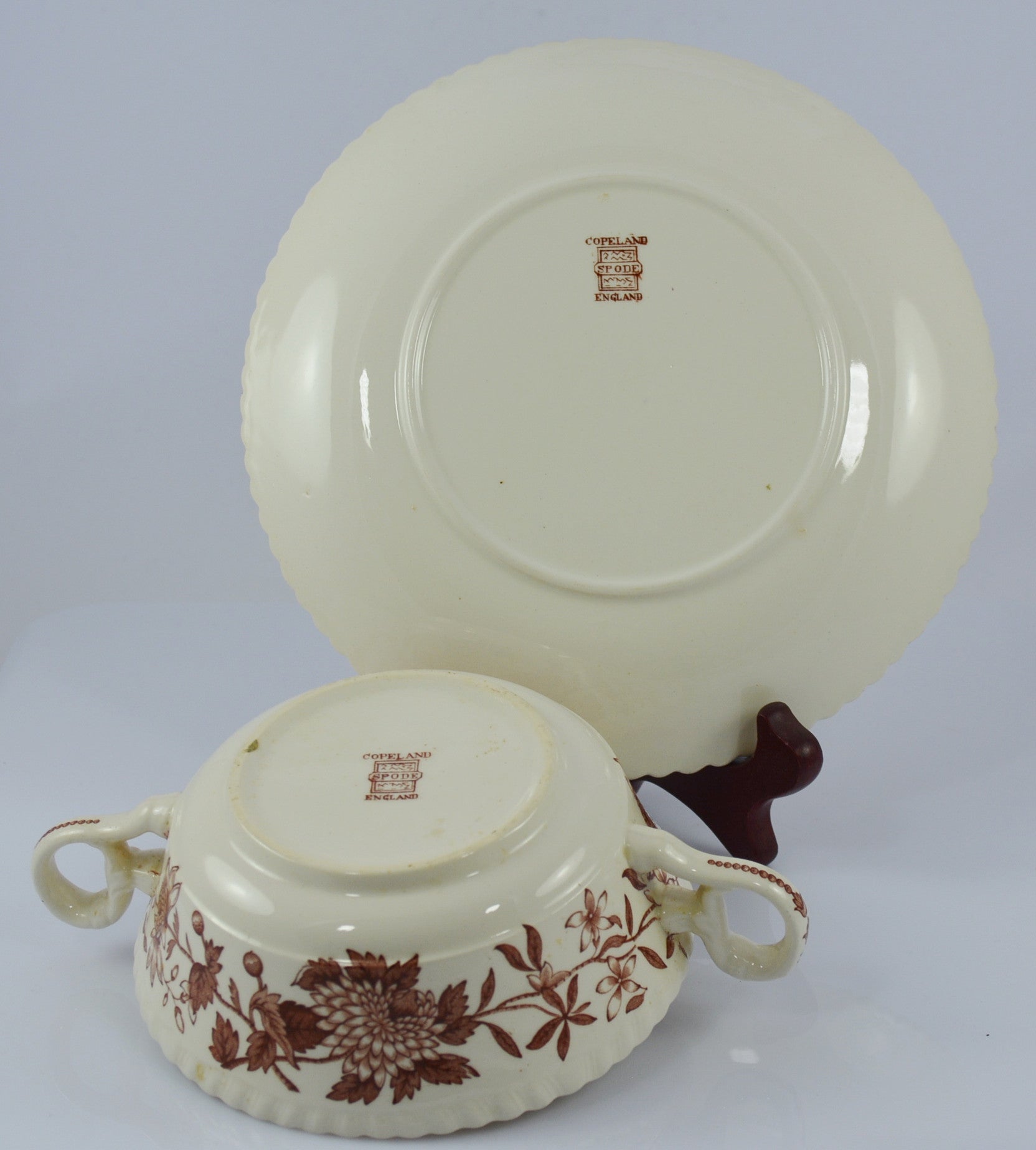 Vintage Spode Aster Brown Transferware Dual Handled Soup Bowl & Plate