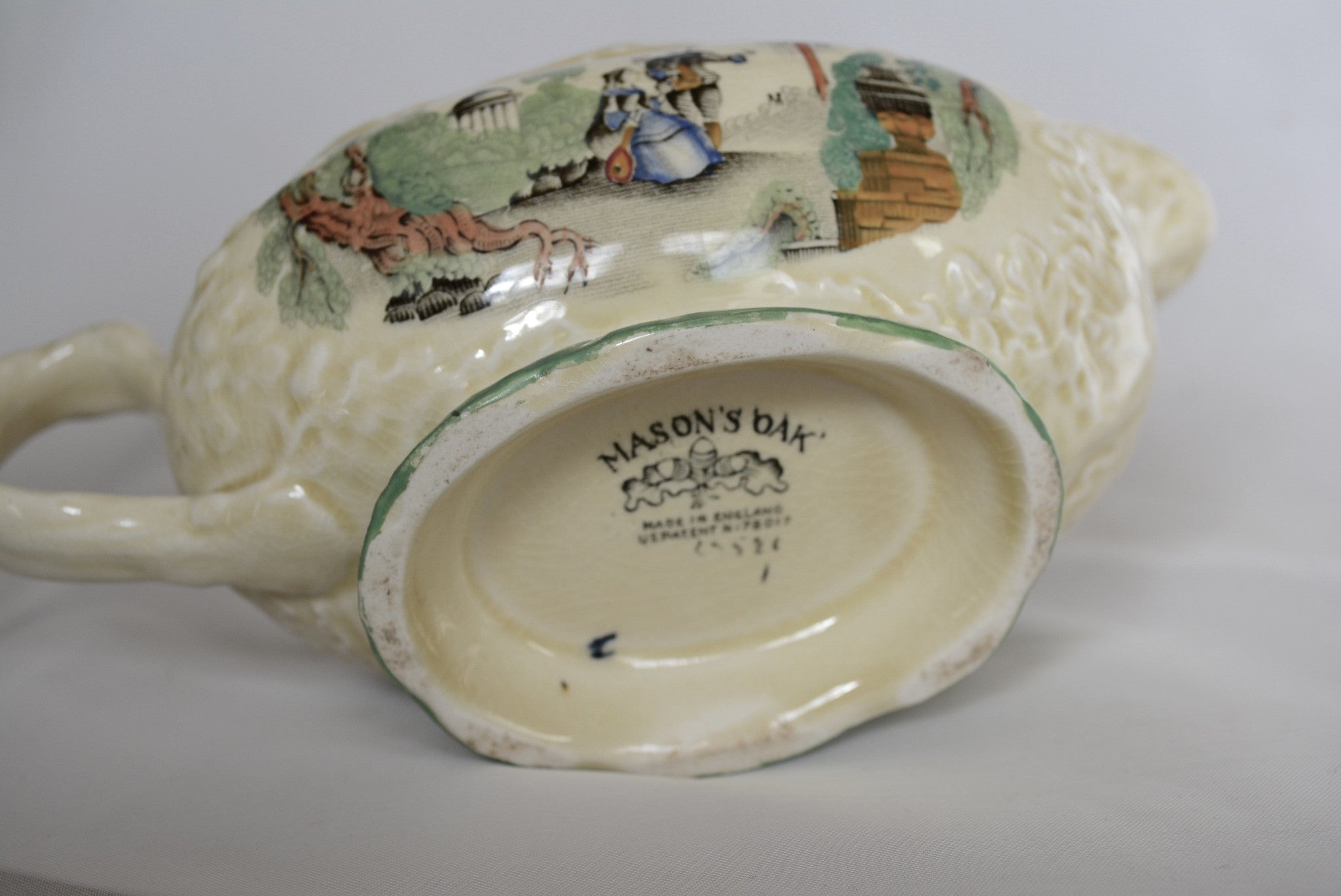 Masons Vista Black Polychrome Transferware Gravy Boat Embossed Border