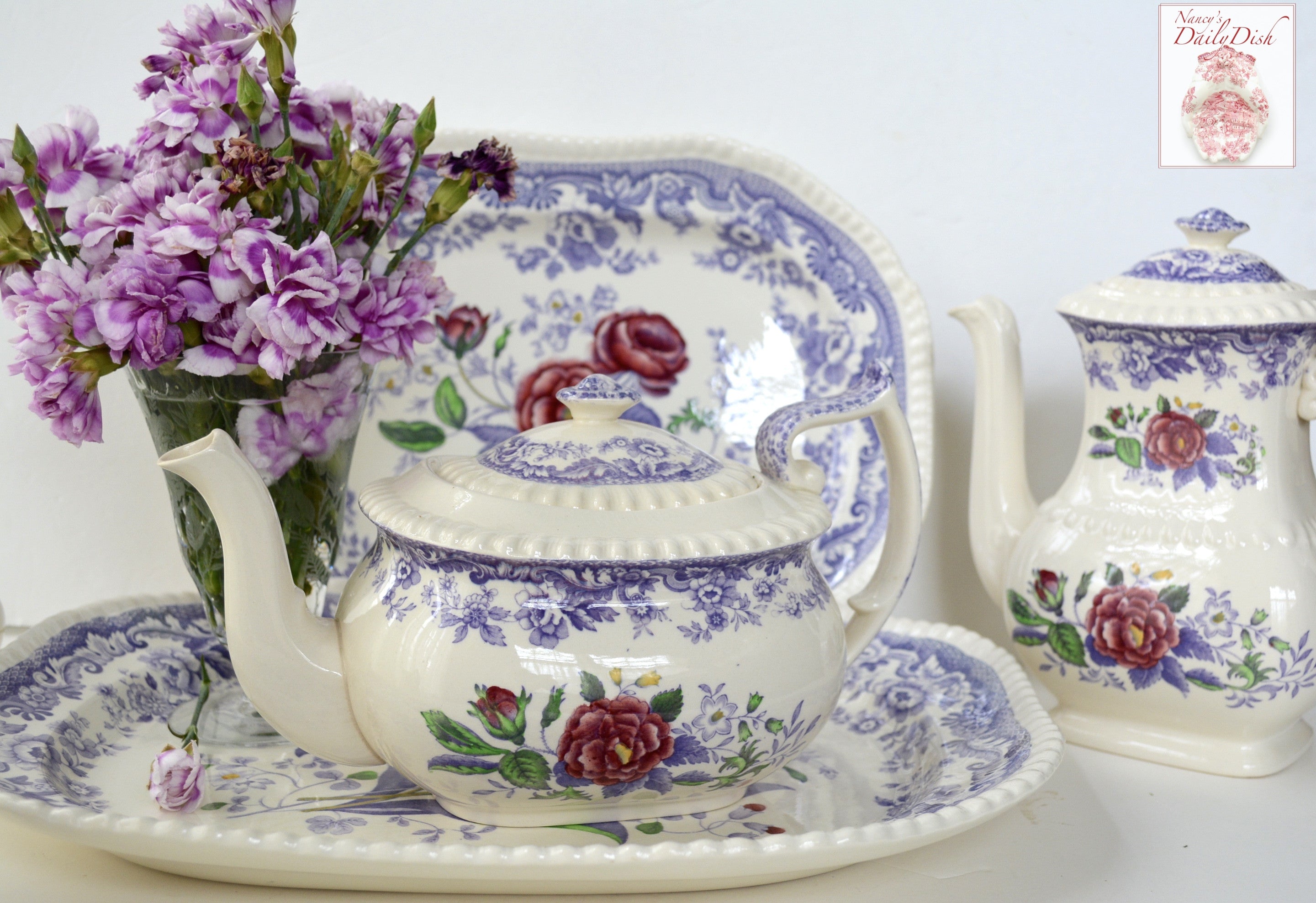 Vintage Spode Mayflower Periwinkle / Lavender Transferware Tall Teapot