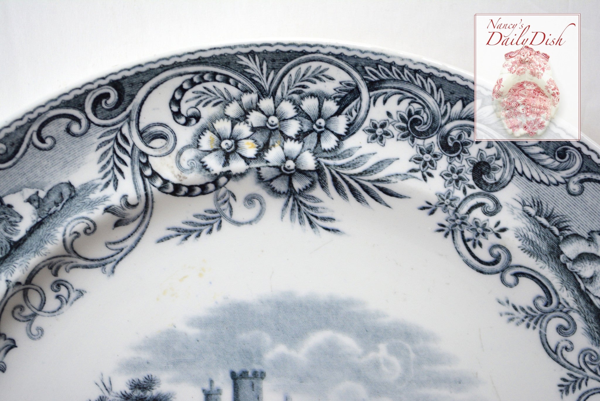 Rare Antique English Grey / Black Transferware Charger / Plate Pastora