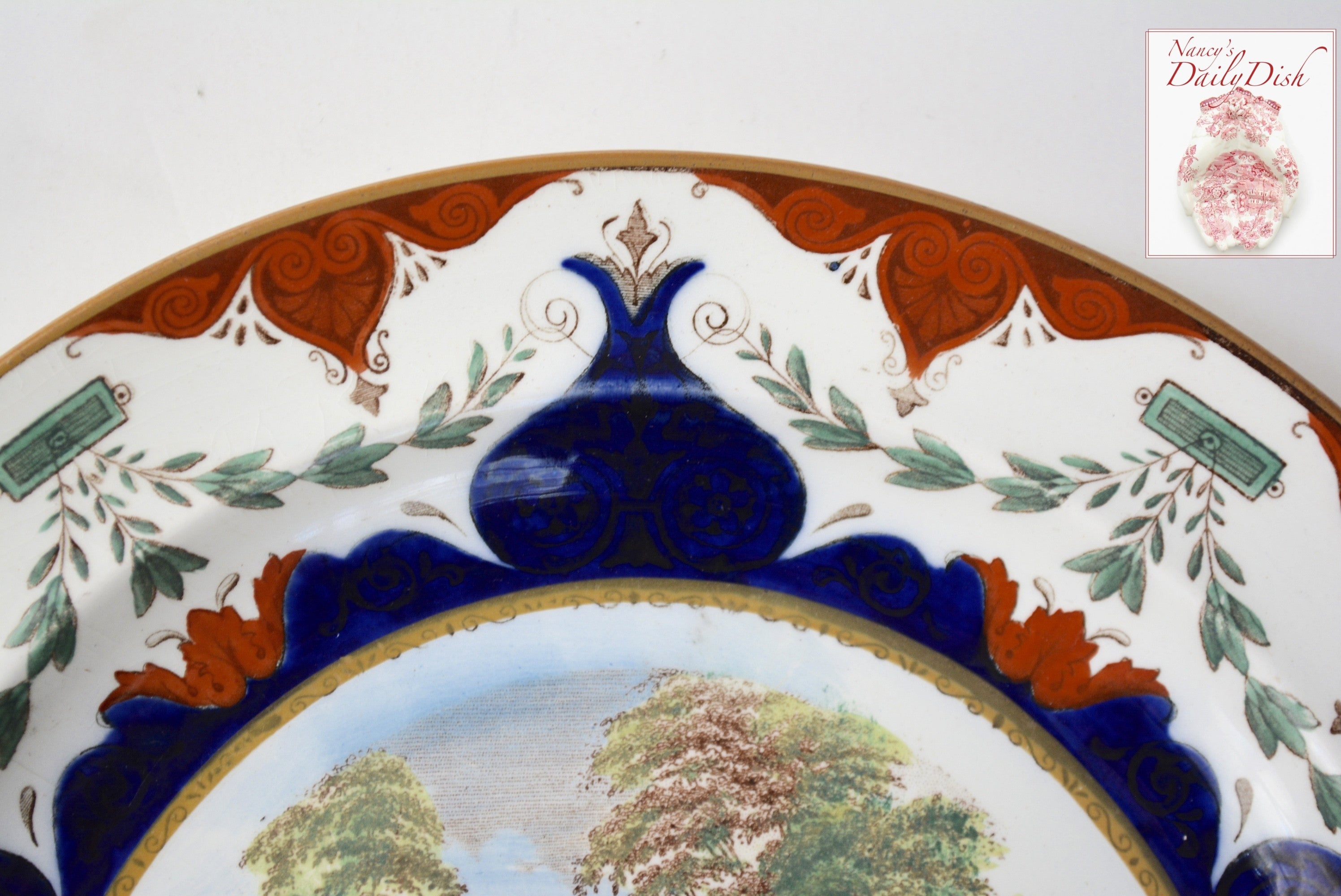 Brown Polychrome Clobbered Transferware Plate Landscape Wedgwood Rusti