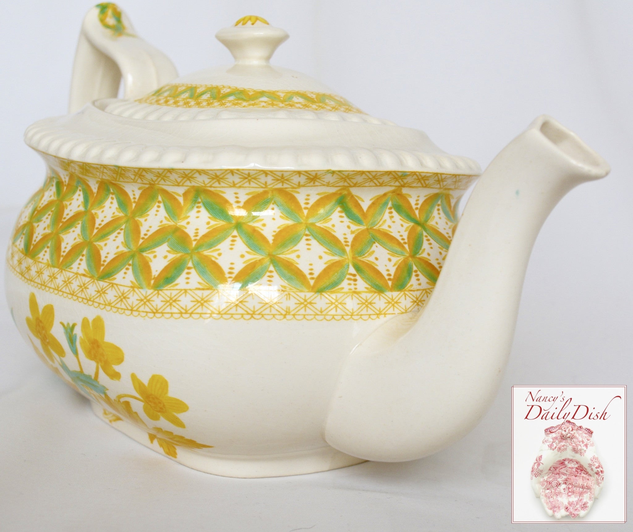Rare Yellow Transferware Teapot Spode Copeland Lattice and Geraniums F