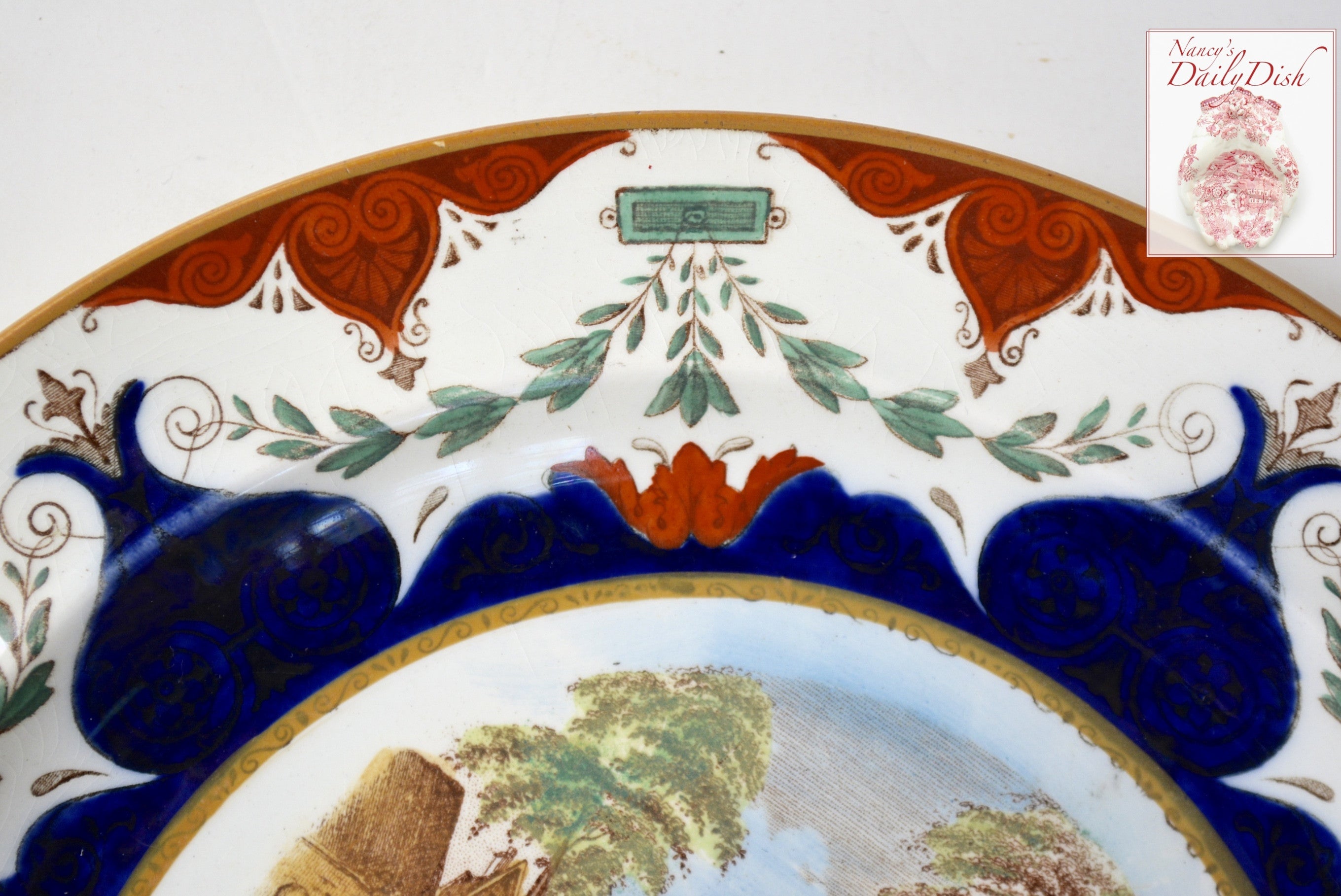 Brown Polychrome Clobbered Transferware Plate Landscape Wedgwood Rusti