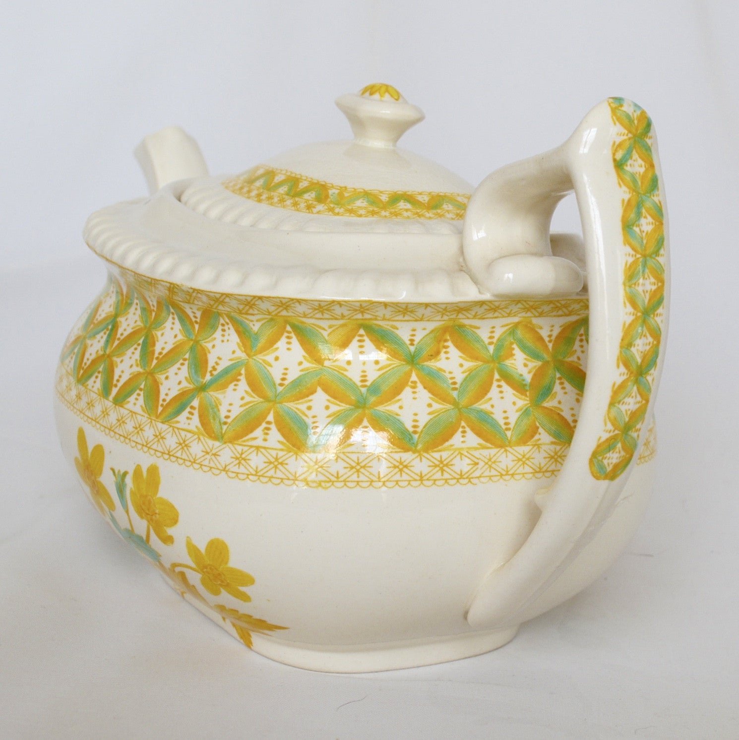 Rare Yellow Transferware Teapot Spode Copeland Lattice and Geraniums F