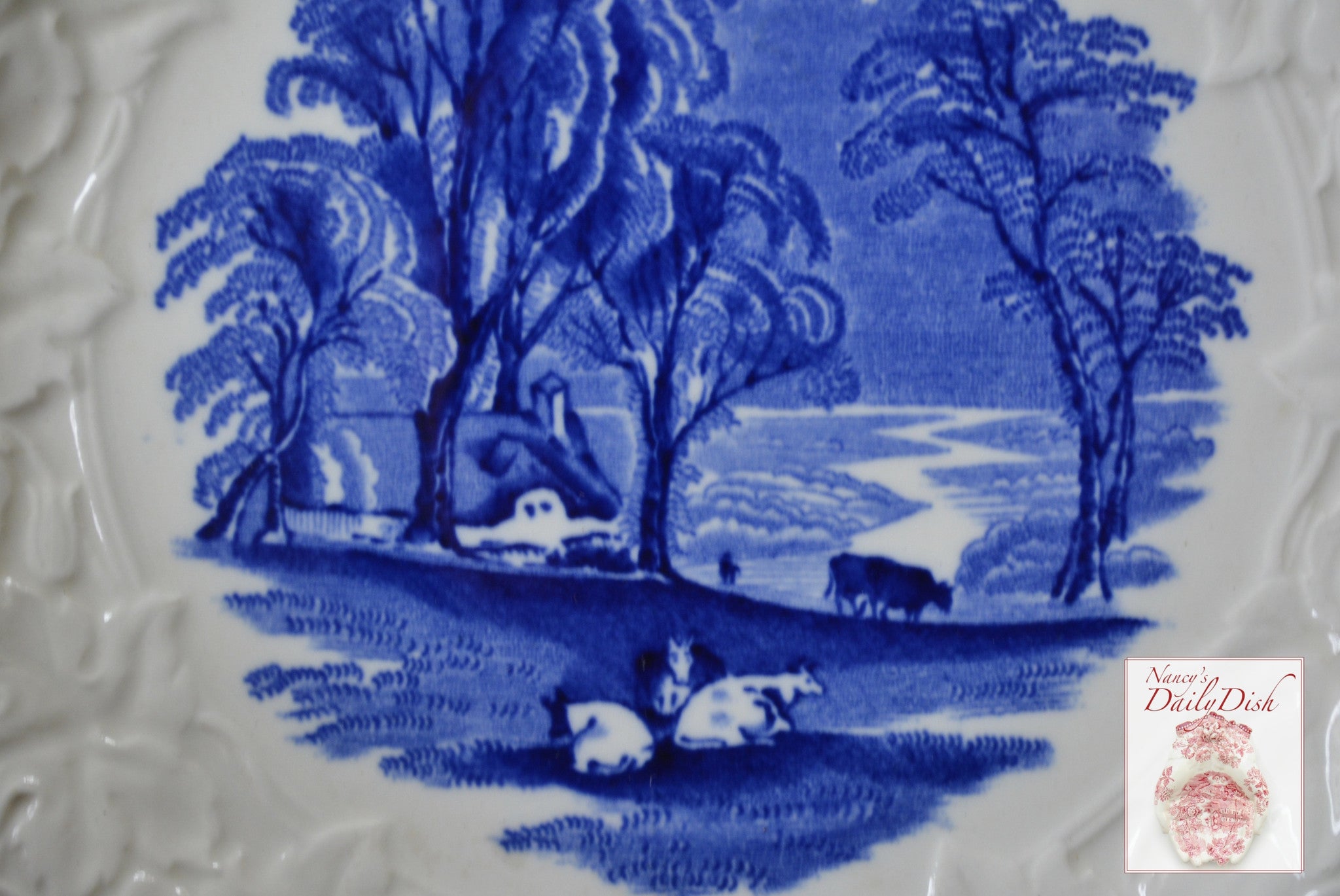 Vintage Blue Transferware Plate Embossed Border Grazing Cattle Cows