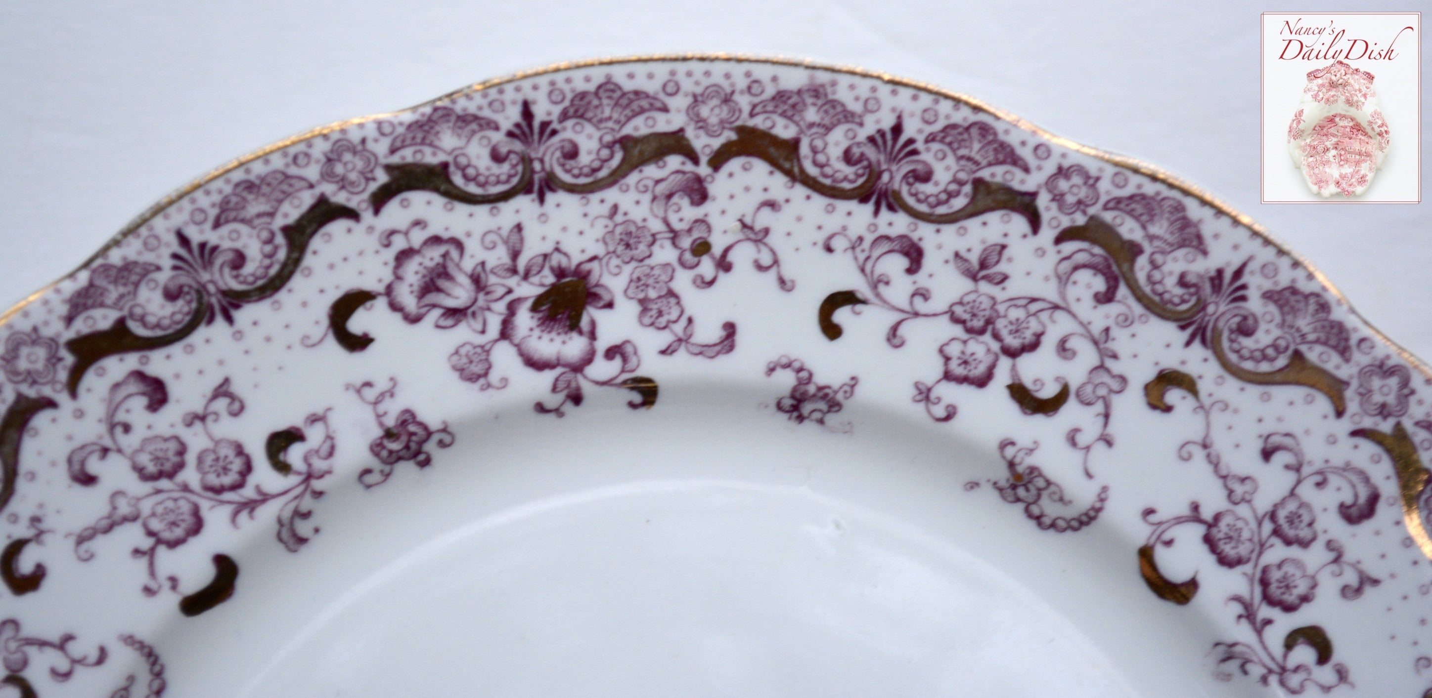 Purple English Transferware John Maddock Lace and Flowers 8" Salad Pla