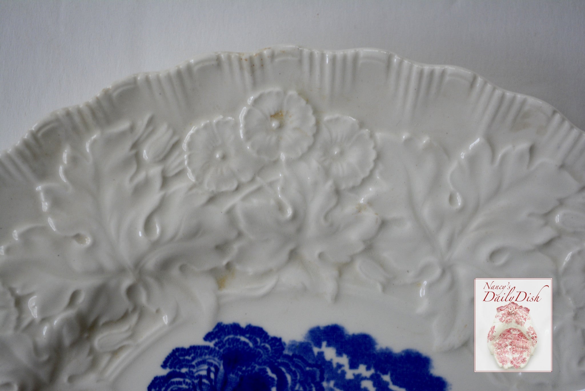 Vintage Blue Transferware Plate Embossed Border Grazing Cattle Cows