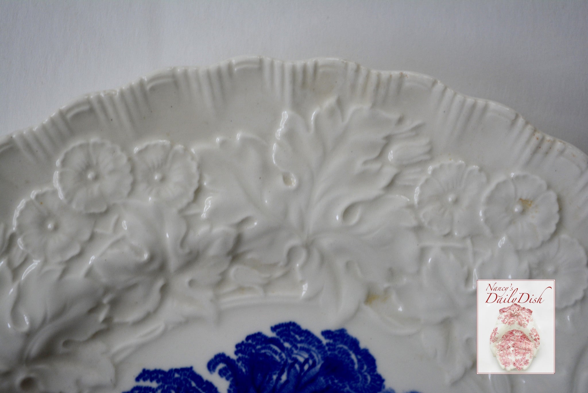 Vintage Blue Transferware Plate Embossed Border Grazing Cattle Cows