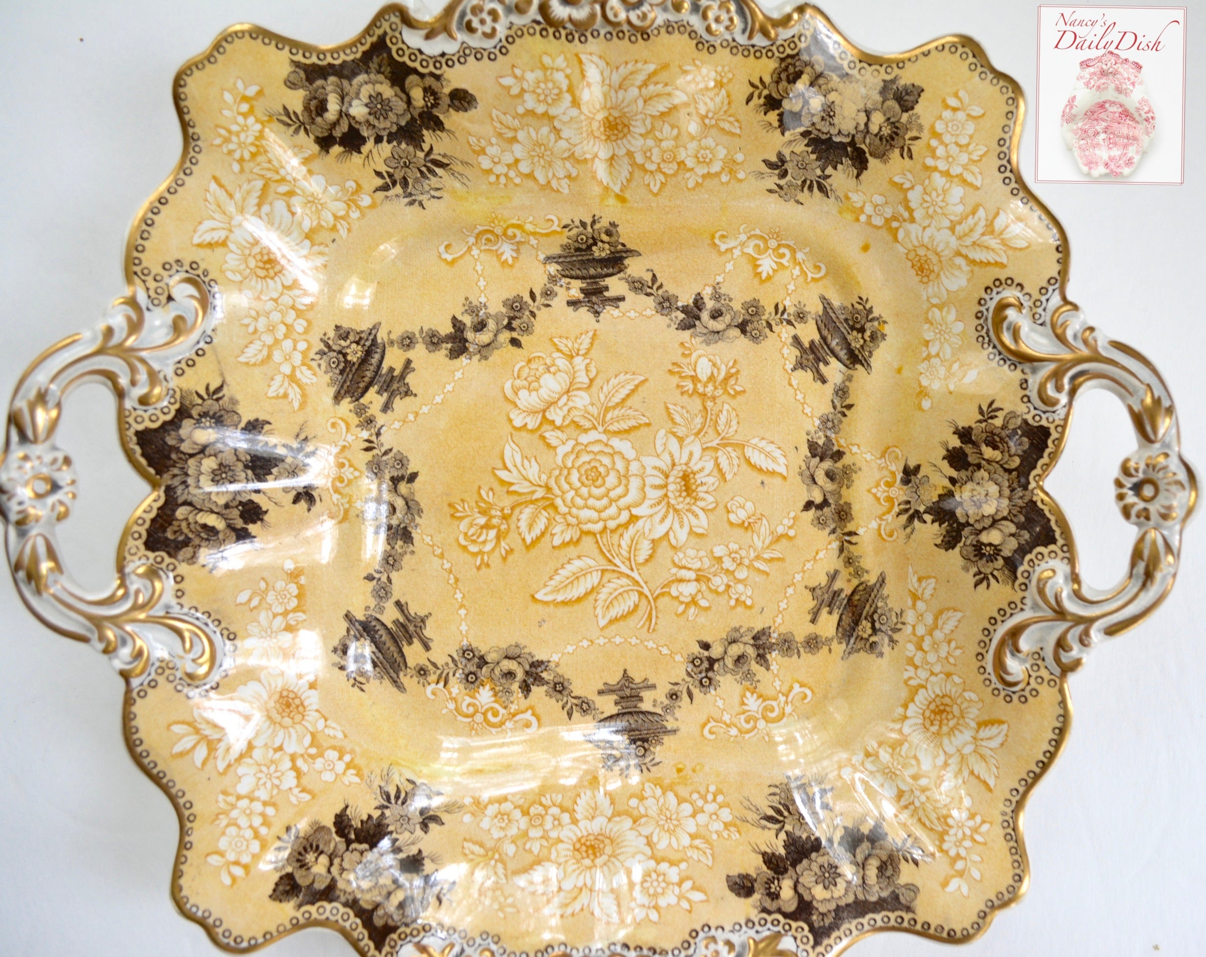 Circa 1835 Rare Yellow Two Color Transferware Handled Serving Tray Pla