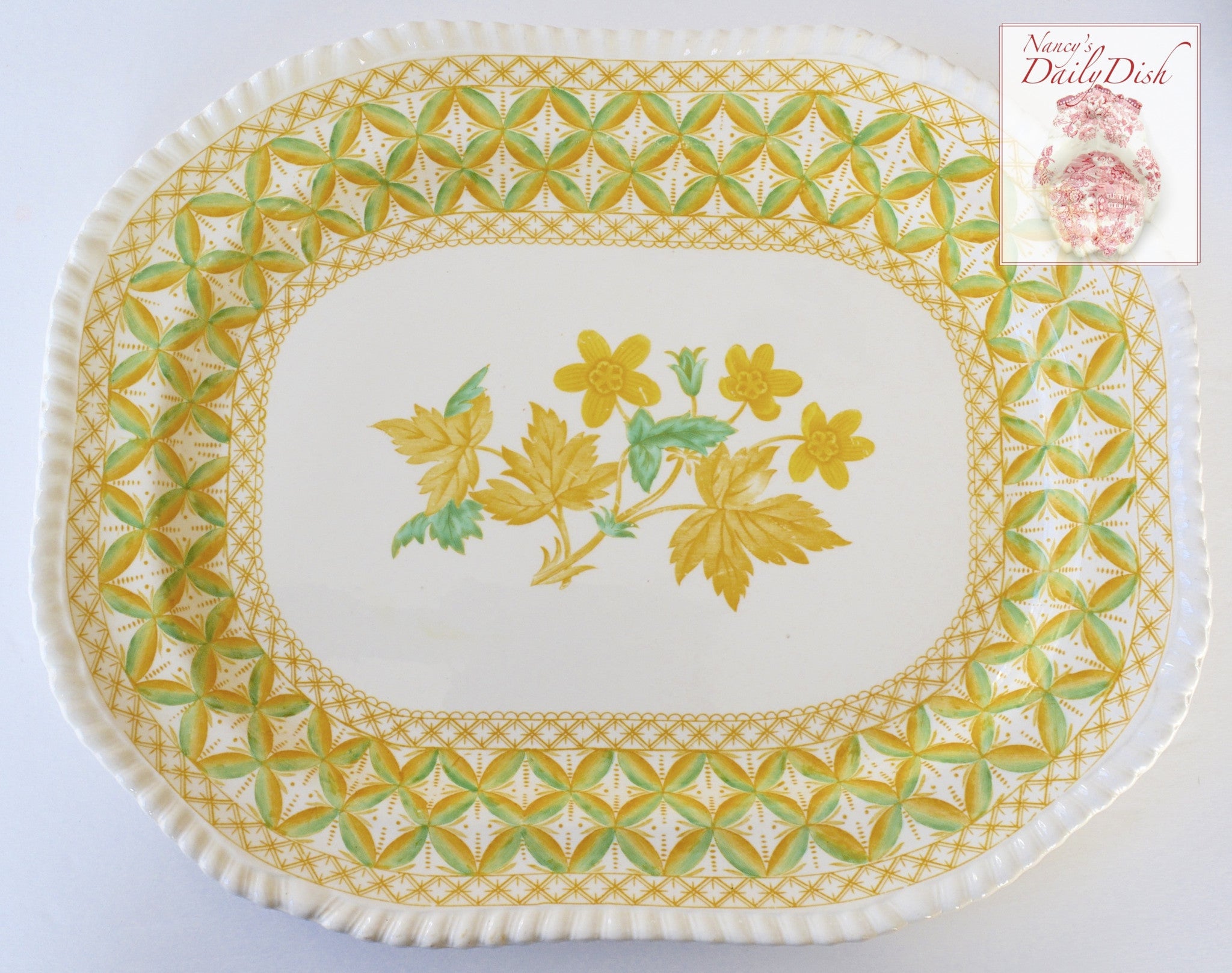Rare Yellow Transferware Teapot Spode Copeland Lattice and Geraniums F