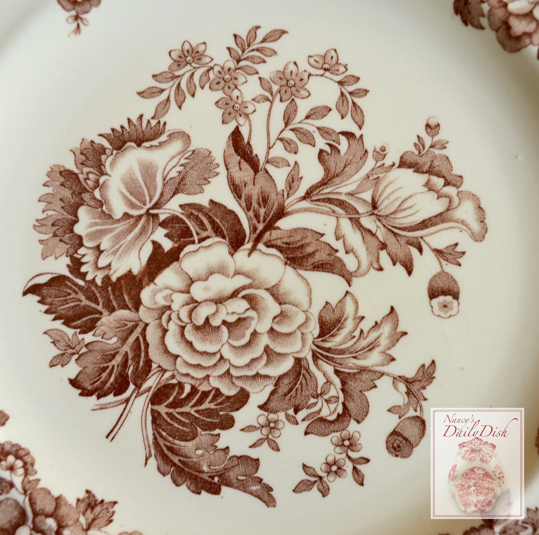 Vintage Copeland Spode Brown & Cream Transferware Floral Roses Transfe