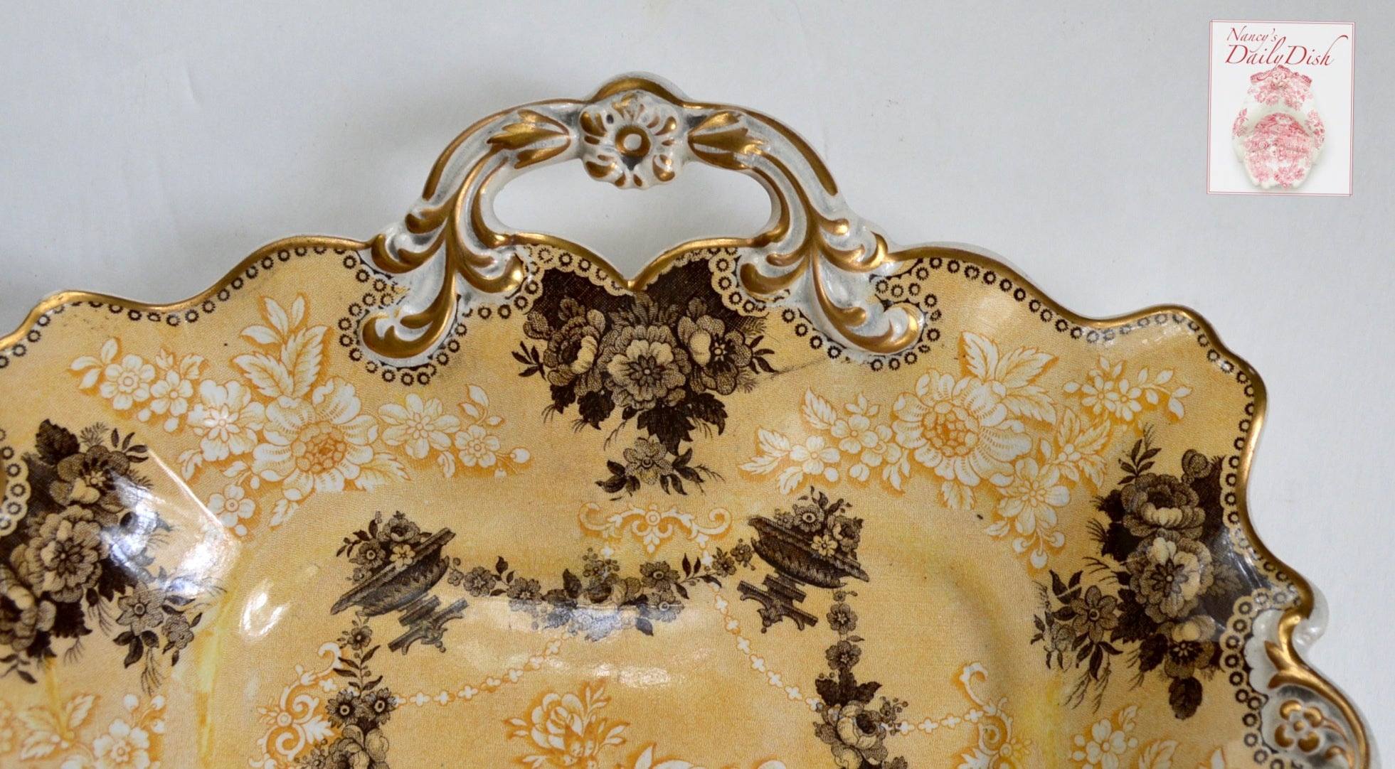 Circa 1835 Rare Yellow Two Color Transferware Handled Serving Tray Pla