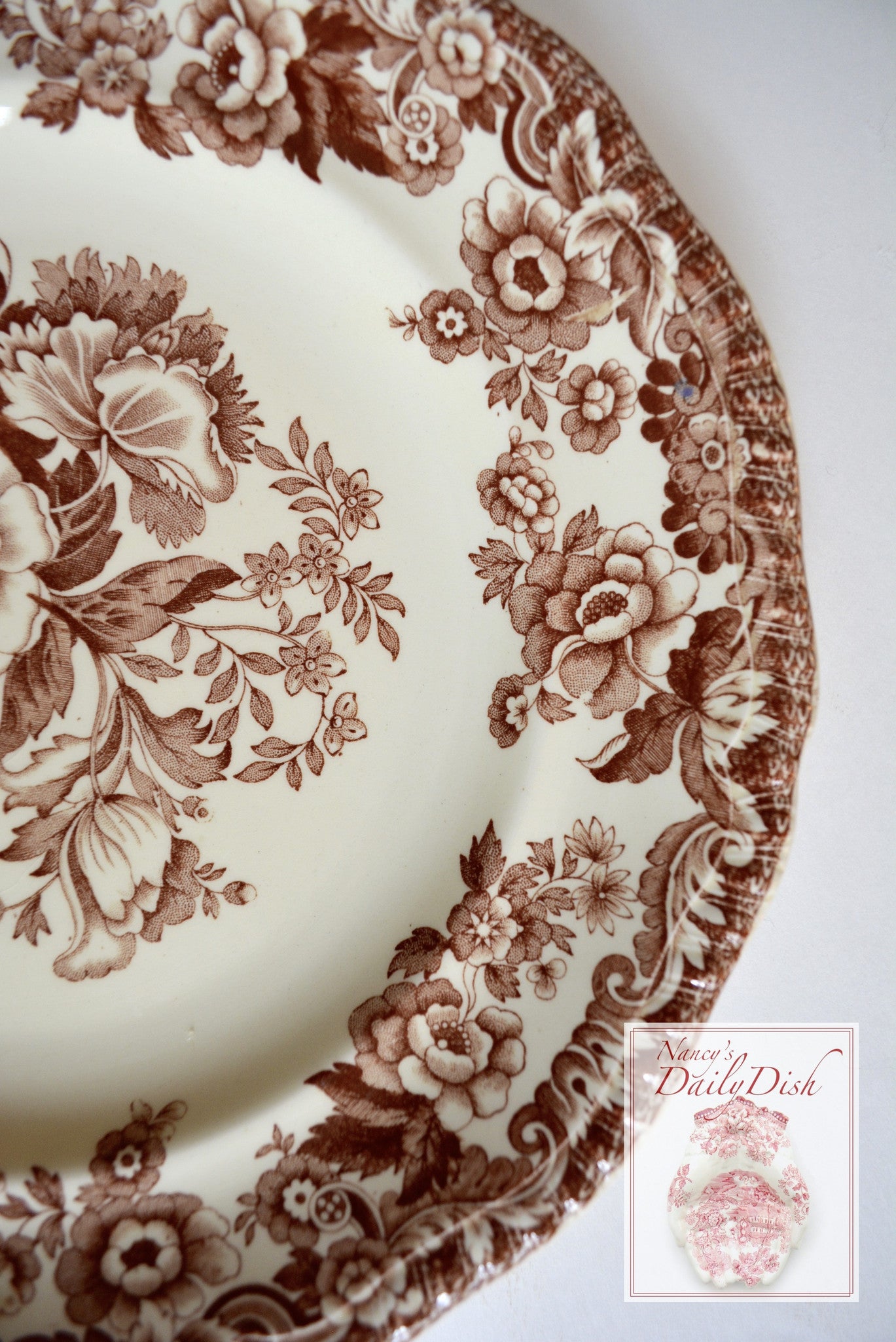 Vintage Copeland Spode Brown & Cream Transferware Floral Roses Transfe