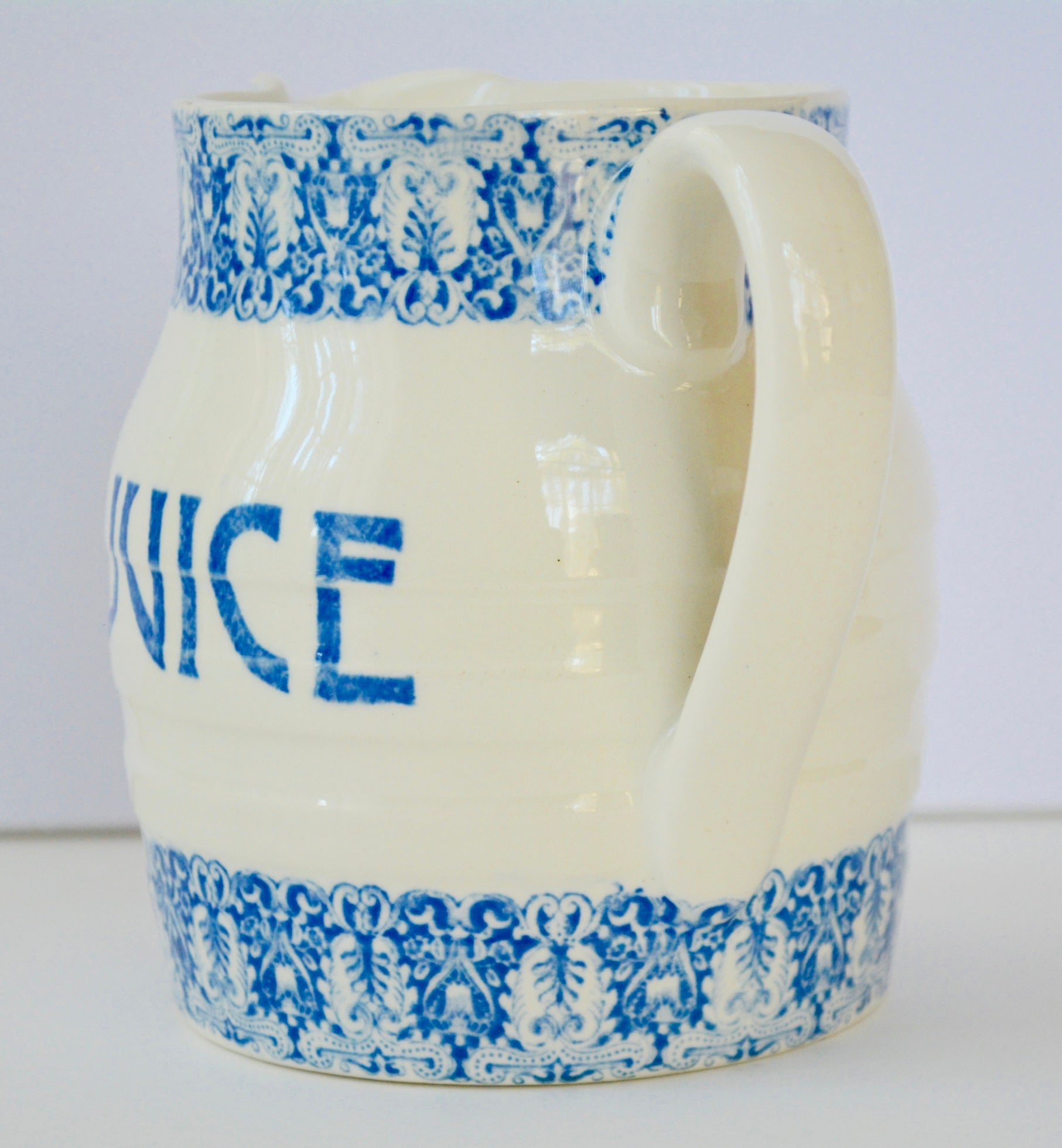 Vintage English Blue & White Transferware Pitcher Advertising Pitcher