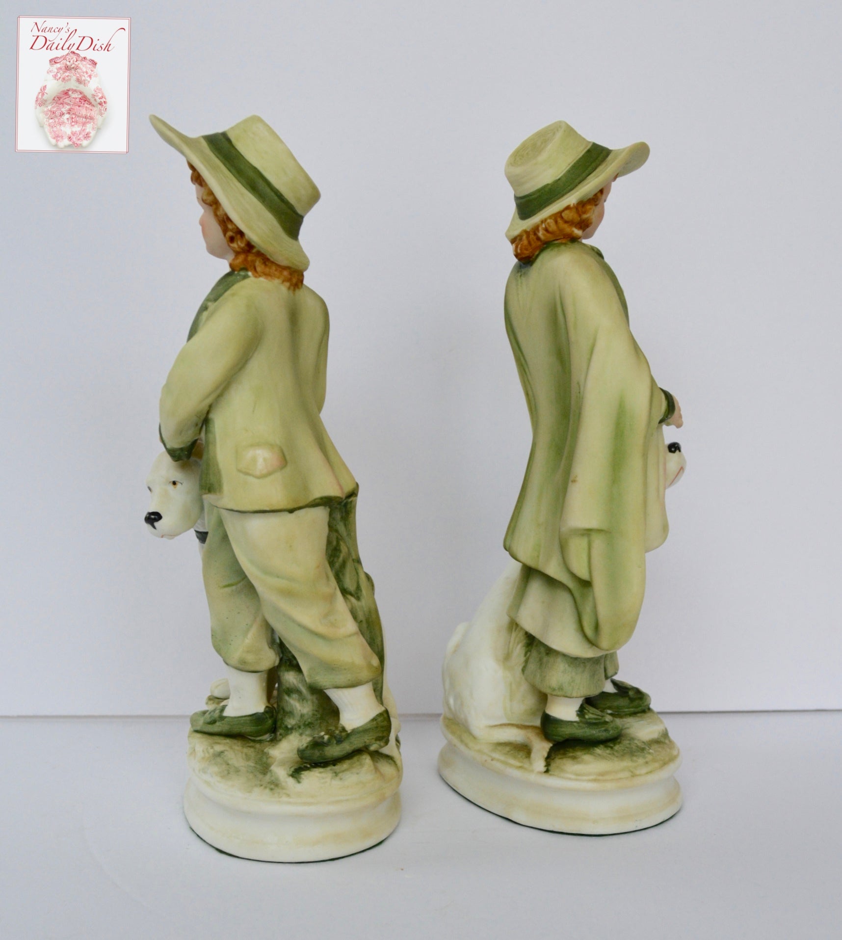 Pair Vintage French or English Country Figurines Boy & Girl w/ Dogs Gr