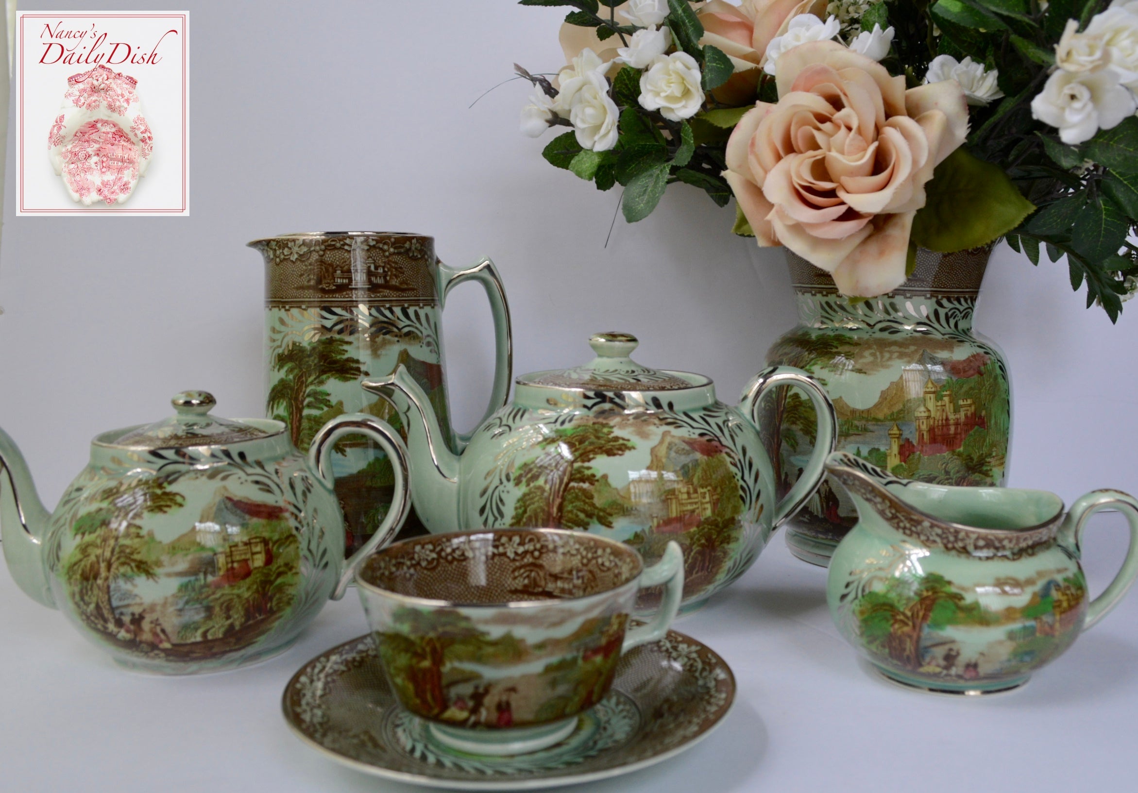 EXTREMELY RARE A J Wilkinson Rural Scenes Brown Transferware 8" Scallo