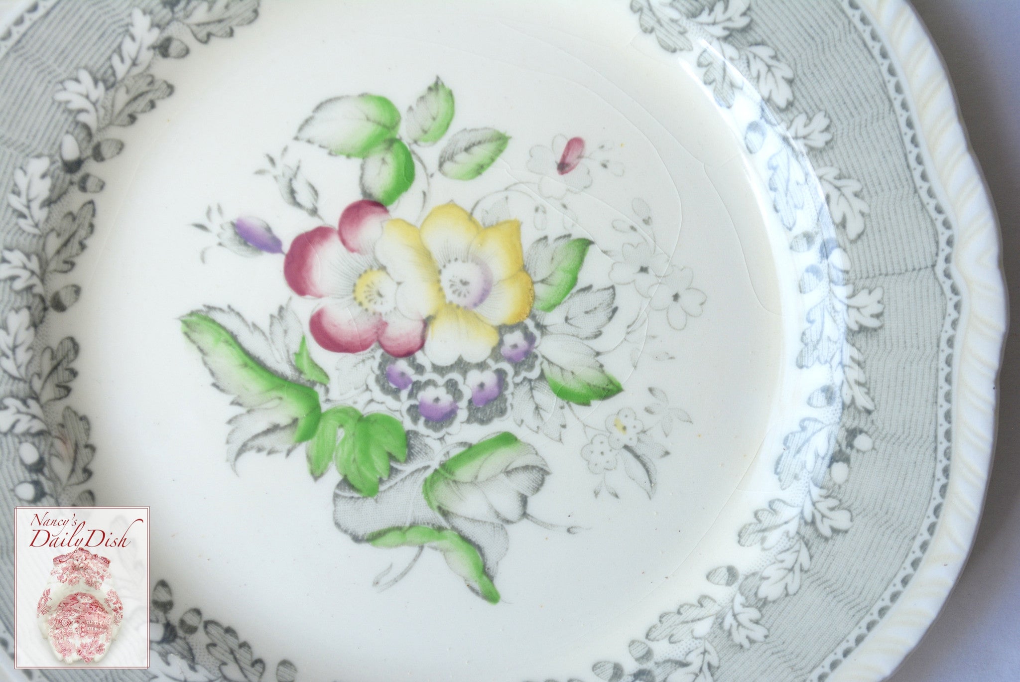 Rare Vintage Gray Transferware Plate w/ Hand Painted Flowers & Roses R