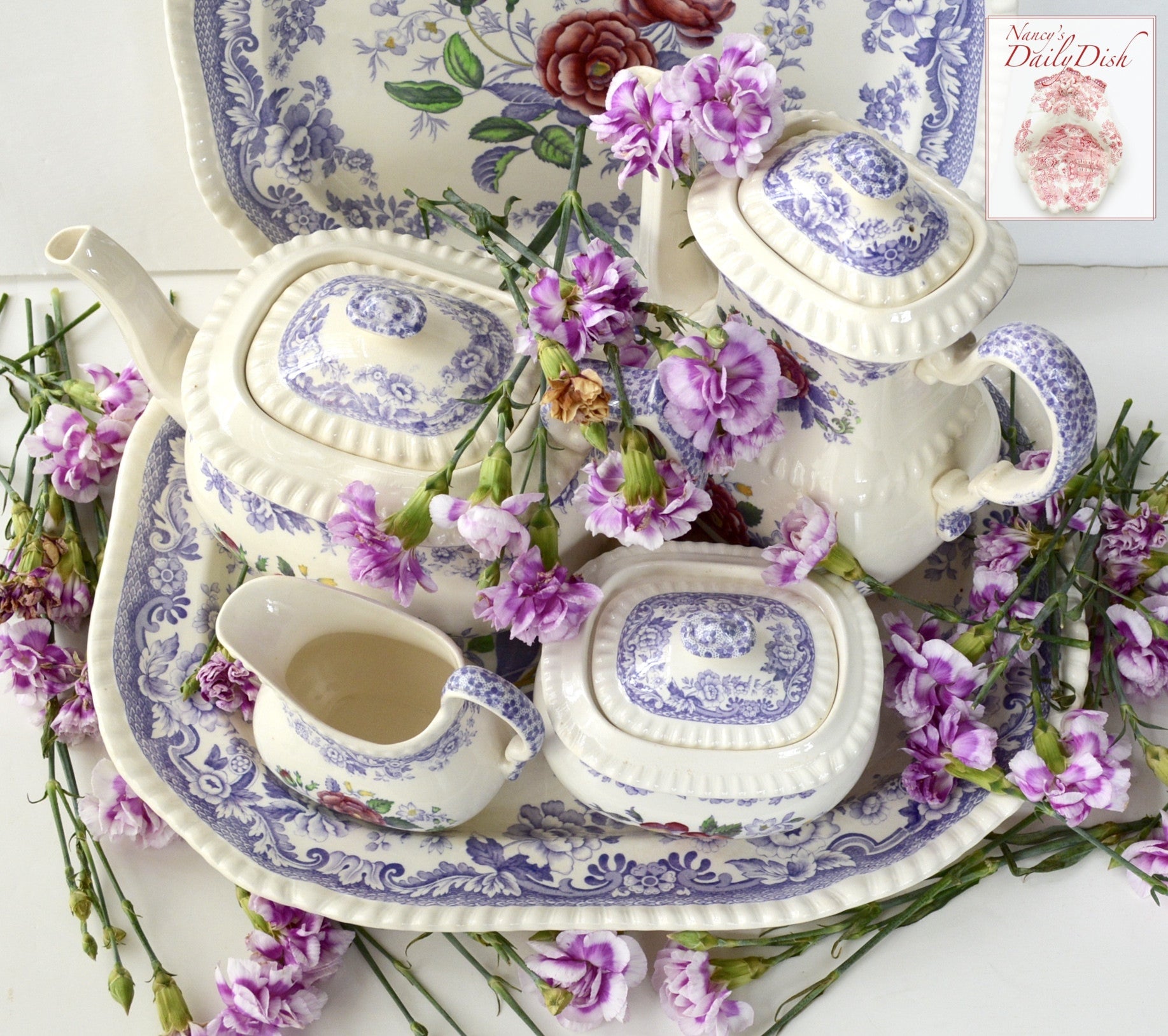 Vintage Spode Mayflower Periwinkle / Lavender Transferware Tall Teapot