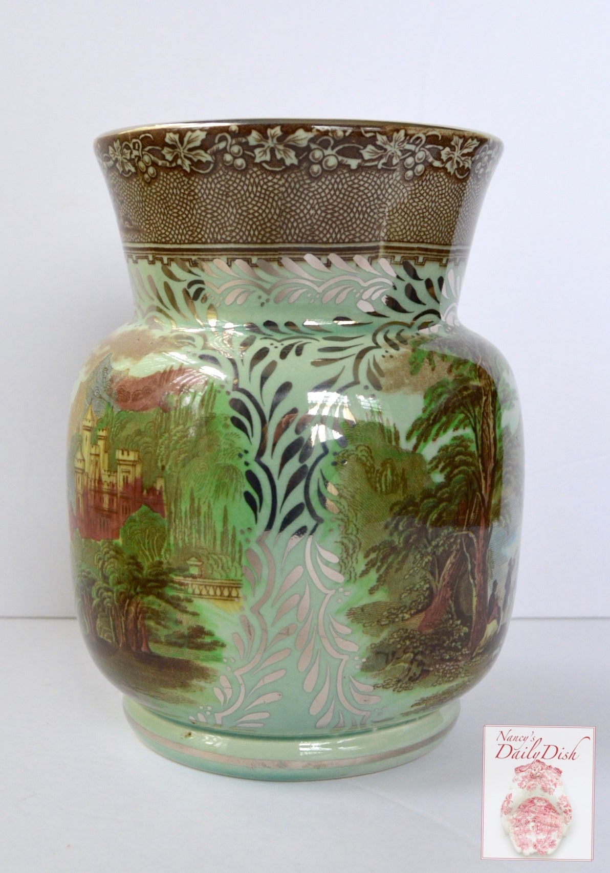 VERY Rare Silver Overlay Vase Brown Transferware Mountain Scene Pastor