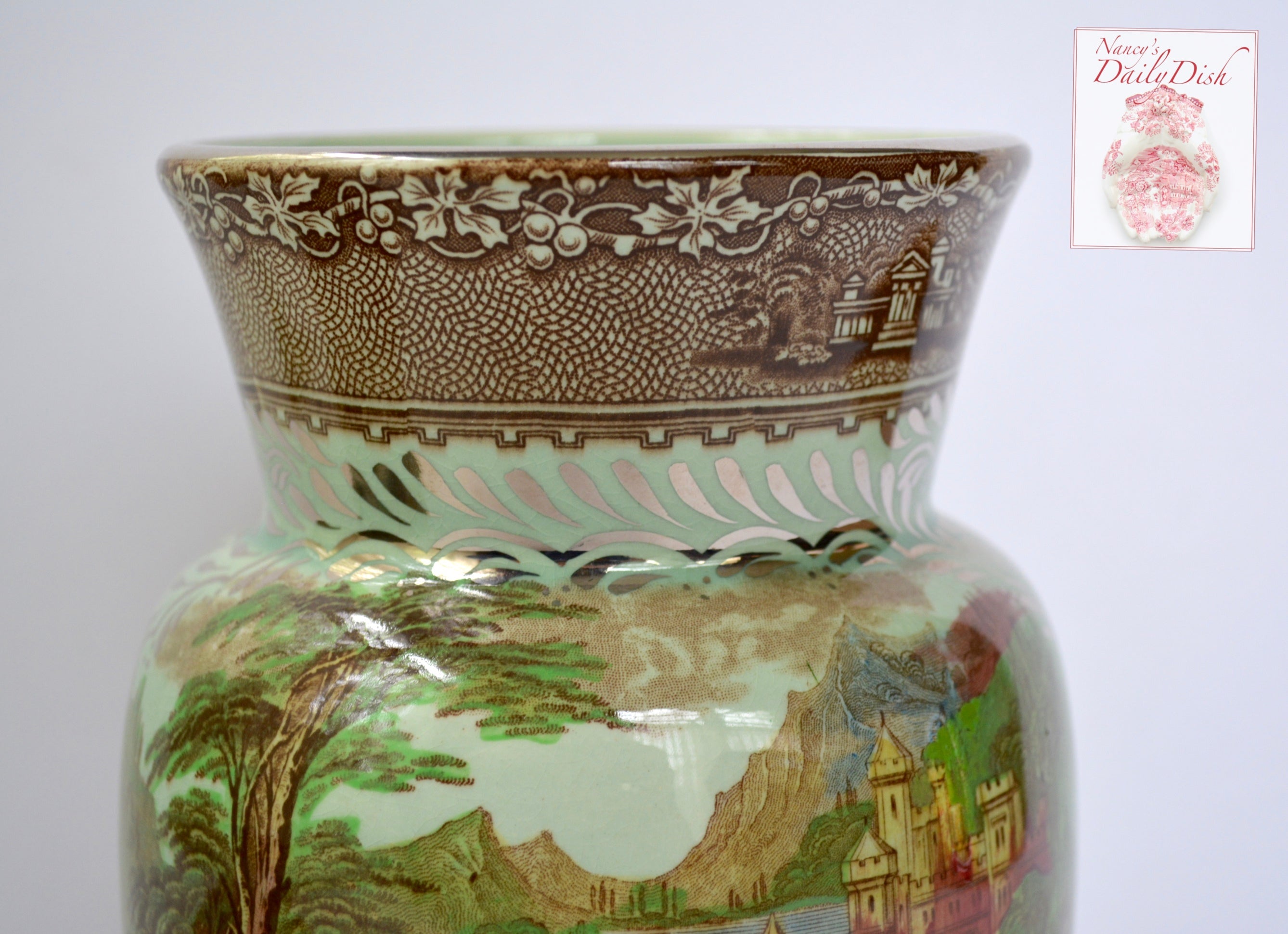 VERY Rare Silver Overlay Vase Brown Transferware Mountain Scene Pastor