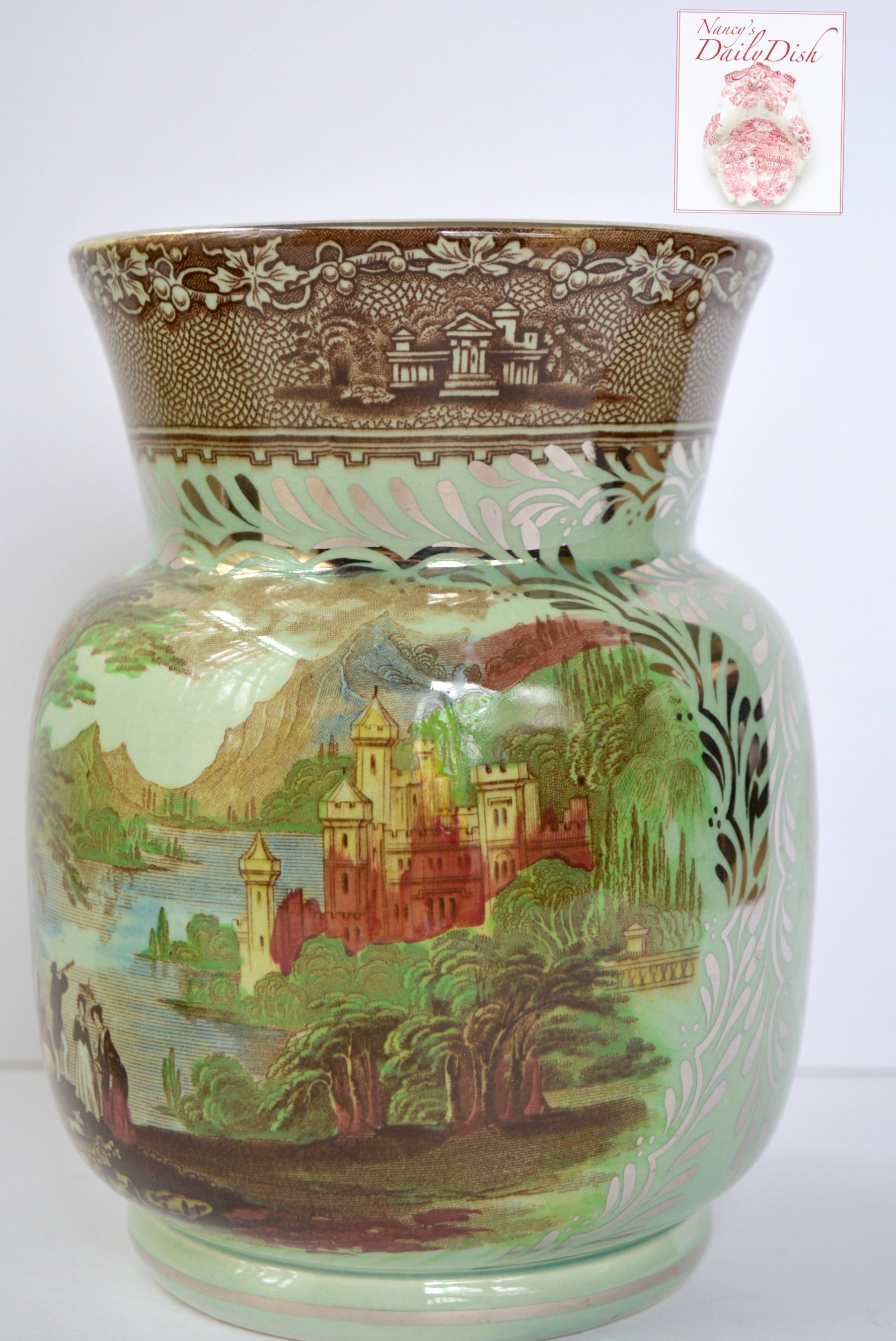 VERY Rare Silver Overlay Vase Brown Transferware Mountain Scene Pastor