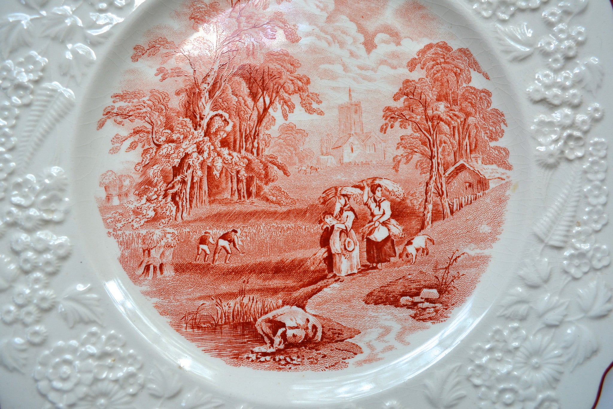 Antique George Jones Harvesting Hay English Transferware Brick Red Squ