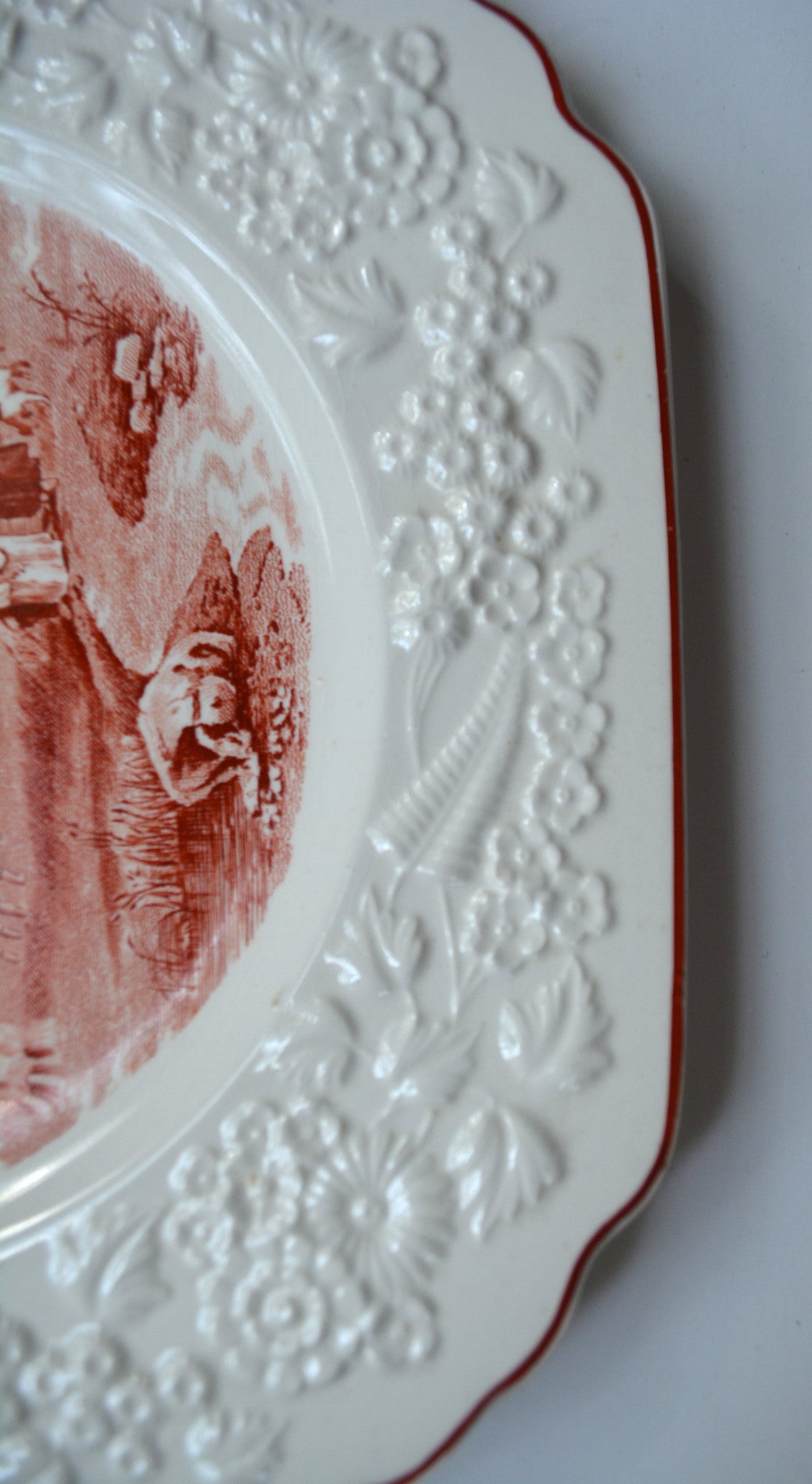 Antique George Jones Harvesting Hay English Transferware Brick Red Squ