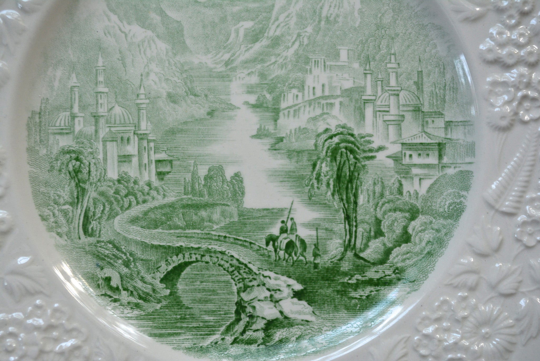 1891 Antique Staffordshire English Transferware Green Plate Square Oct