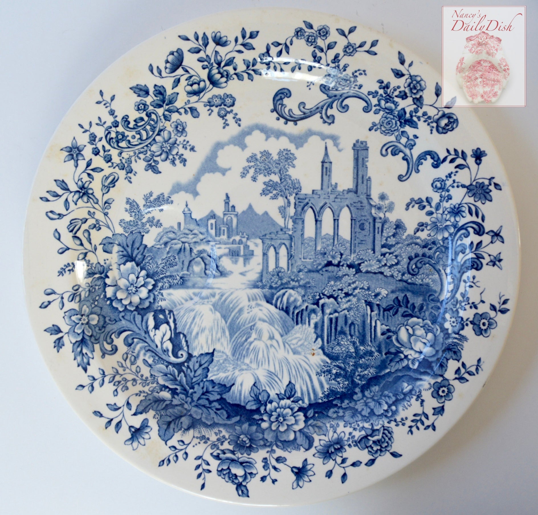 RARE Royal Staffordshire Peaceful Summer Waterfall Blue Toile Transfer