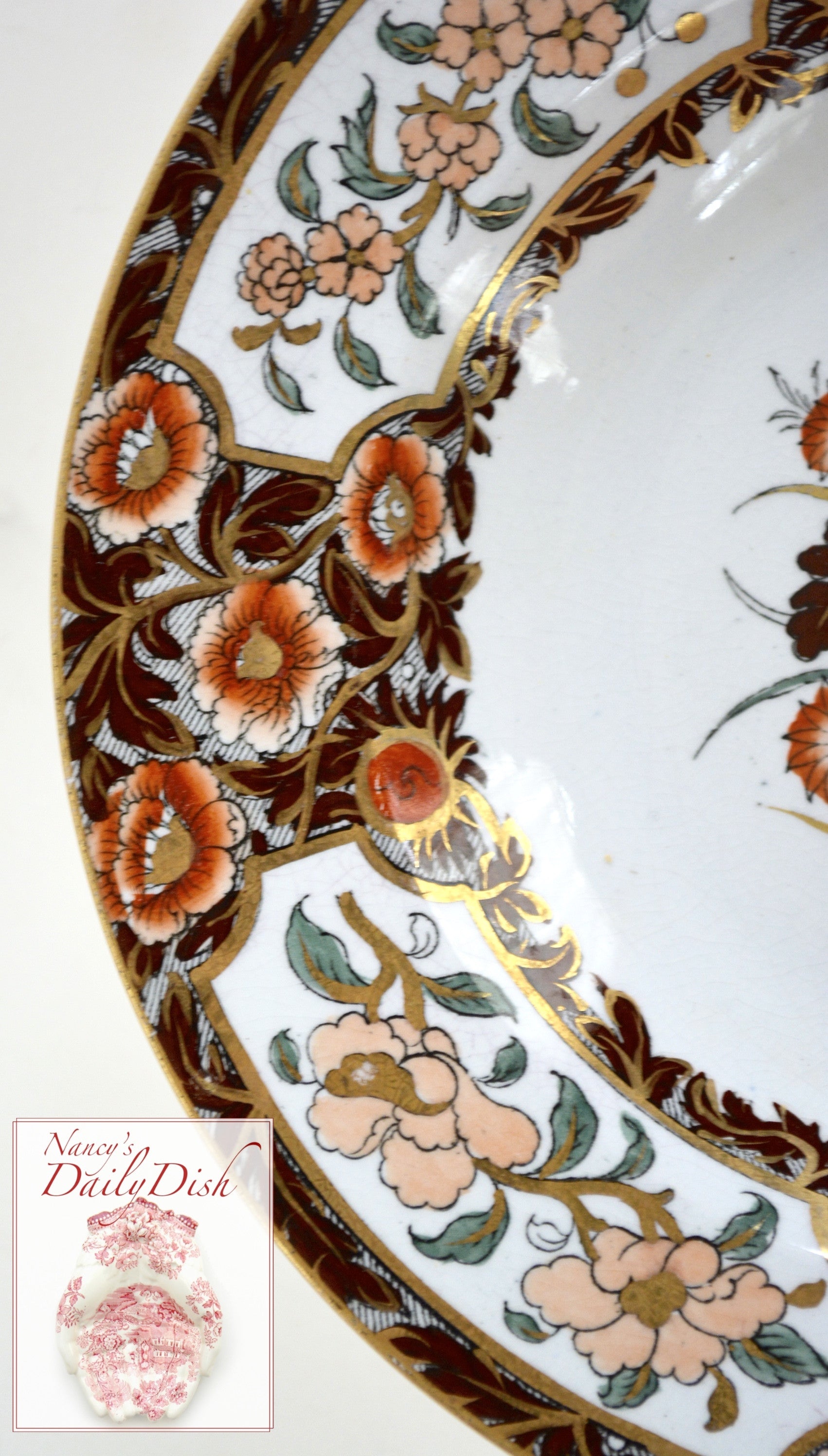 Antique Imari Floral Polychrome Clobbered Transferware Plate Flowers H