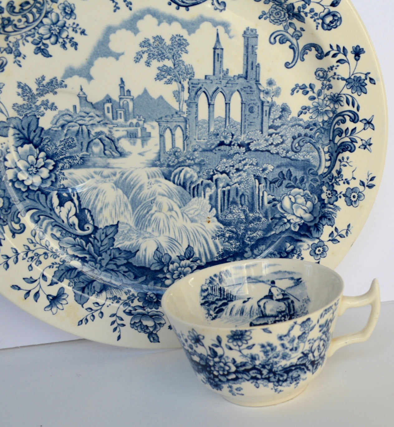 RARE Royal Staffordshire Peaceful Summer Waterfall Blue Toile Transfer