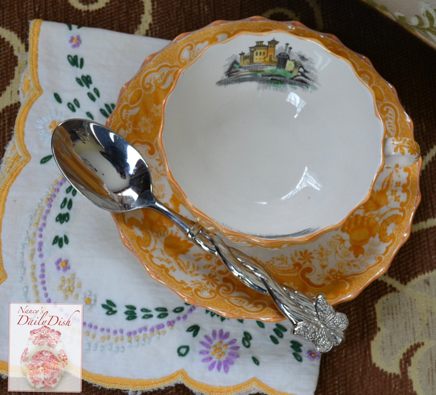 Large Yellow Transferware Tea Cup & Saucer Spode Copeland May Urn Rose