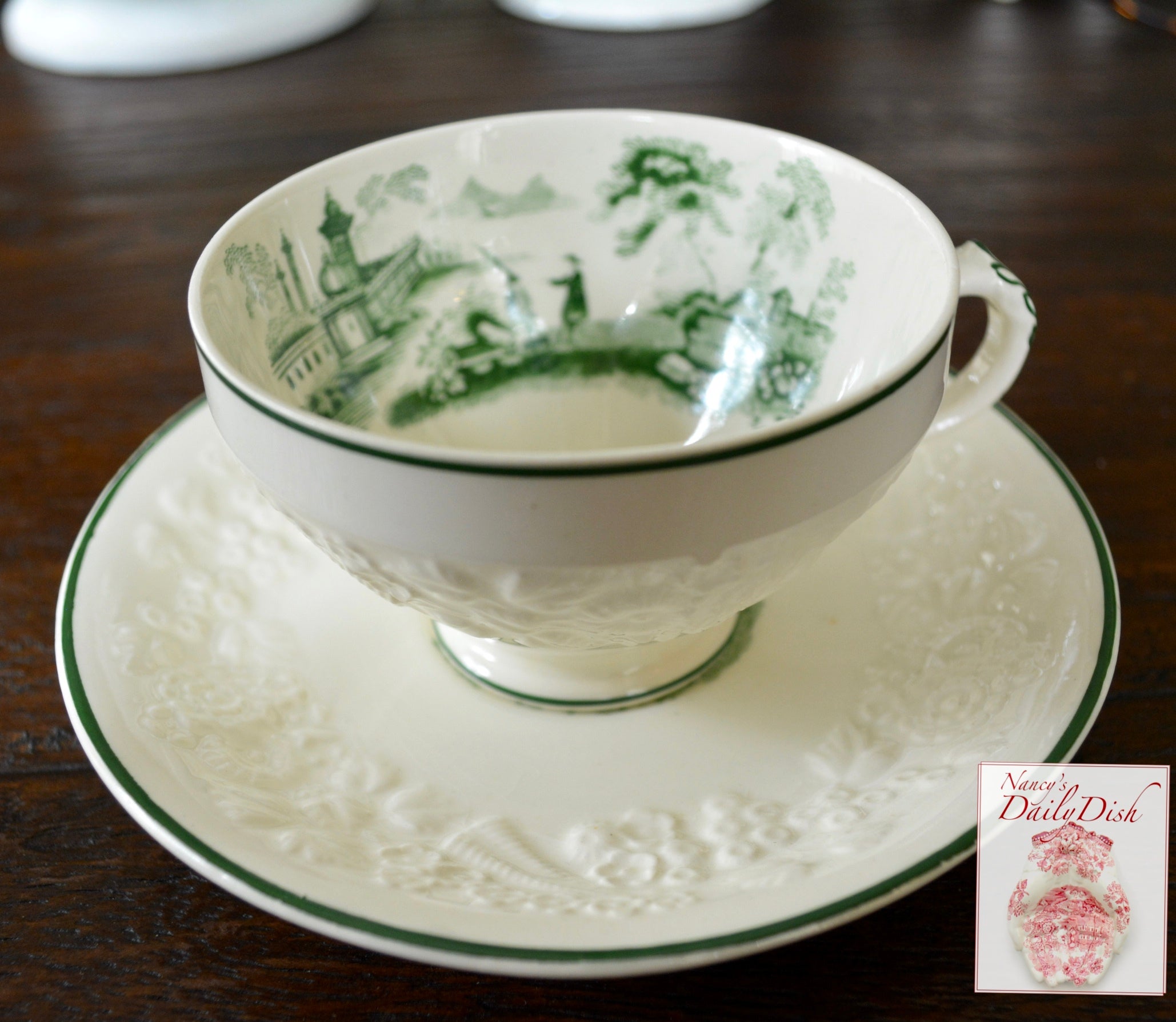 Antique Green English Transferware Cup and Saucer Embossed Floral Bord
