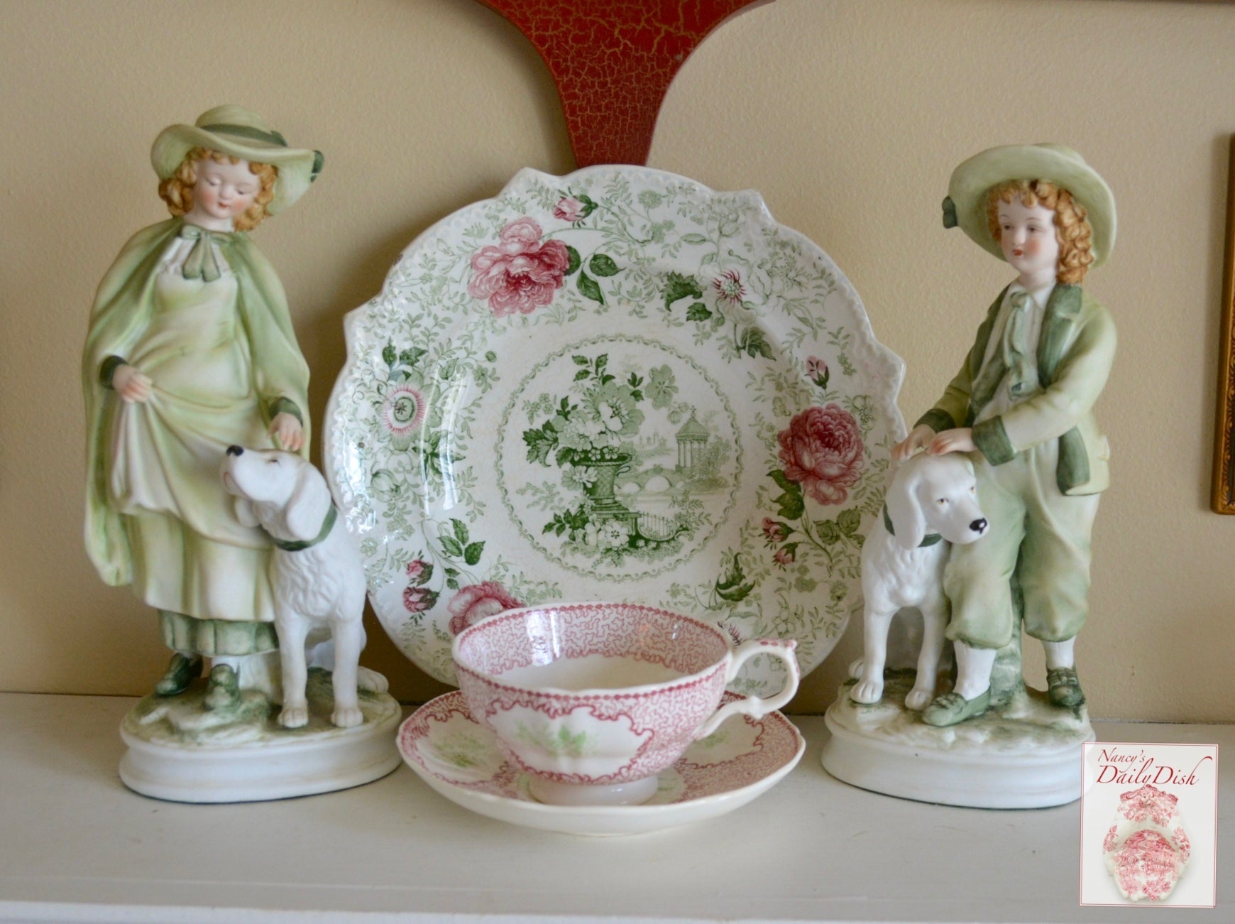 Pair Vintage French or English Country Figurines Boy & Girl w/ Dogs Gr