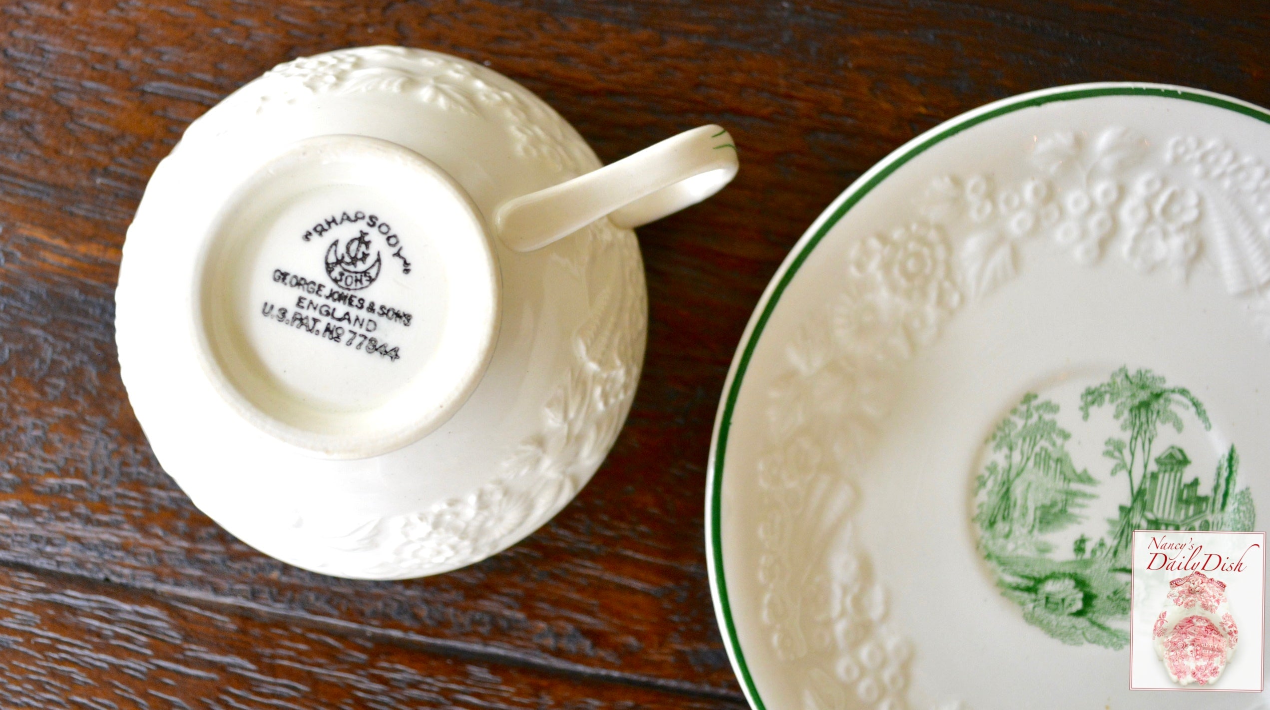 Antique Green English Transferware Cup and Saucer Embossed Floral Bord