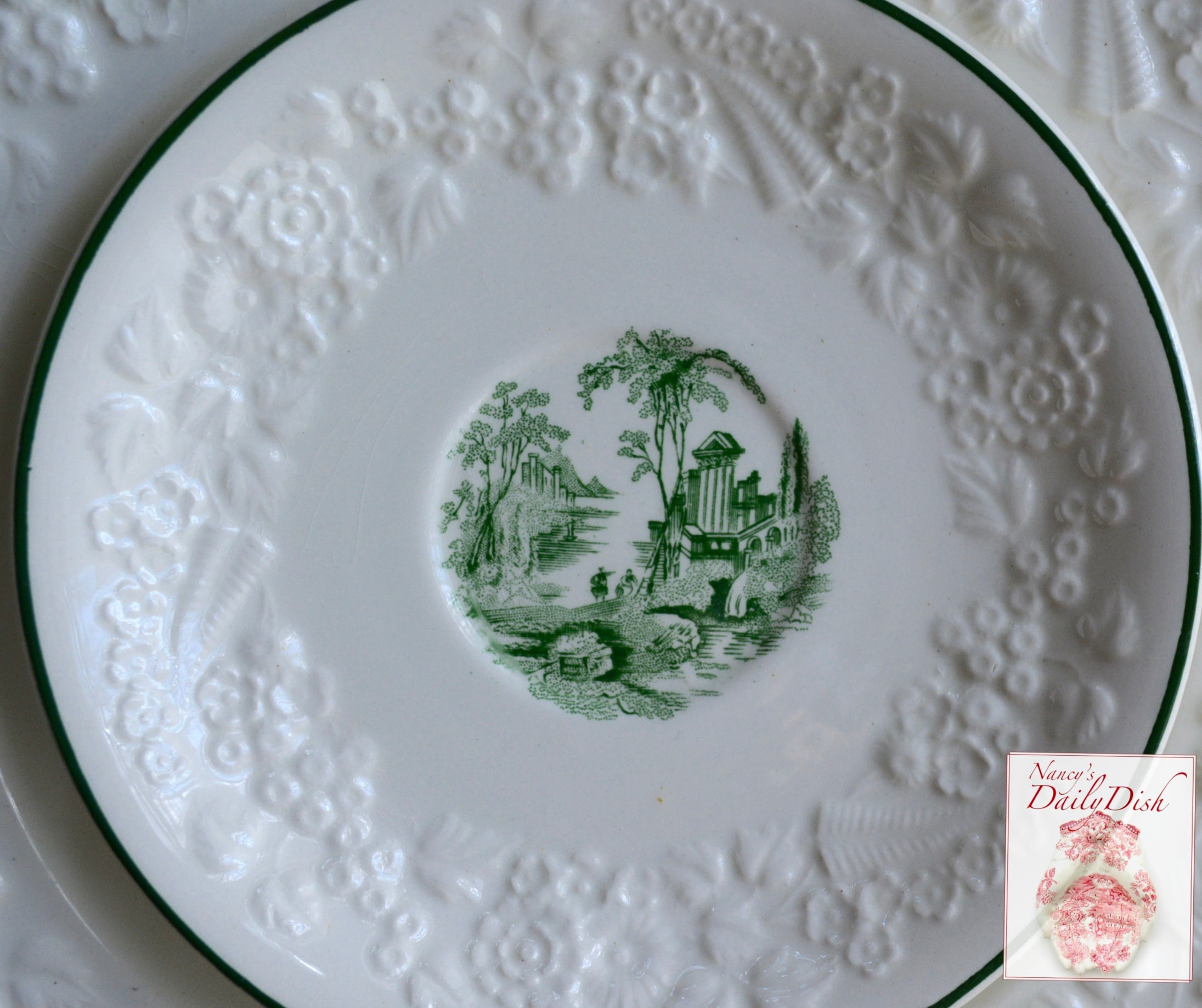 Antique Green English Transferware Cup and Saucer Embossed Floral Bord