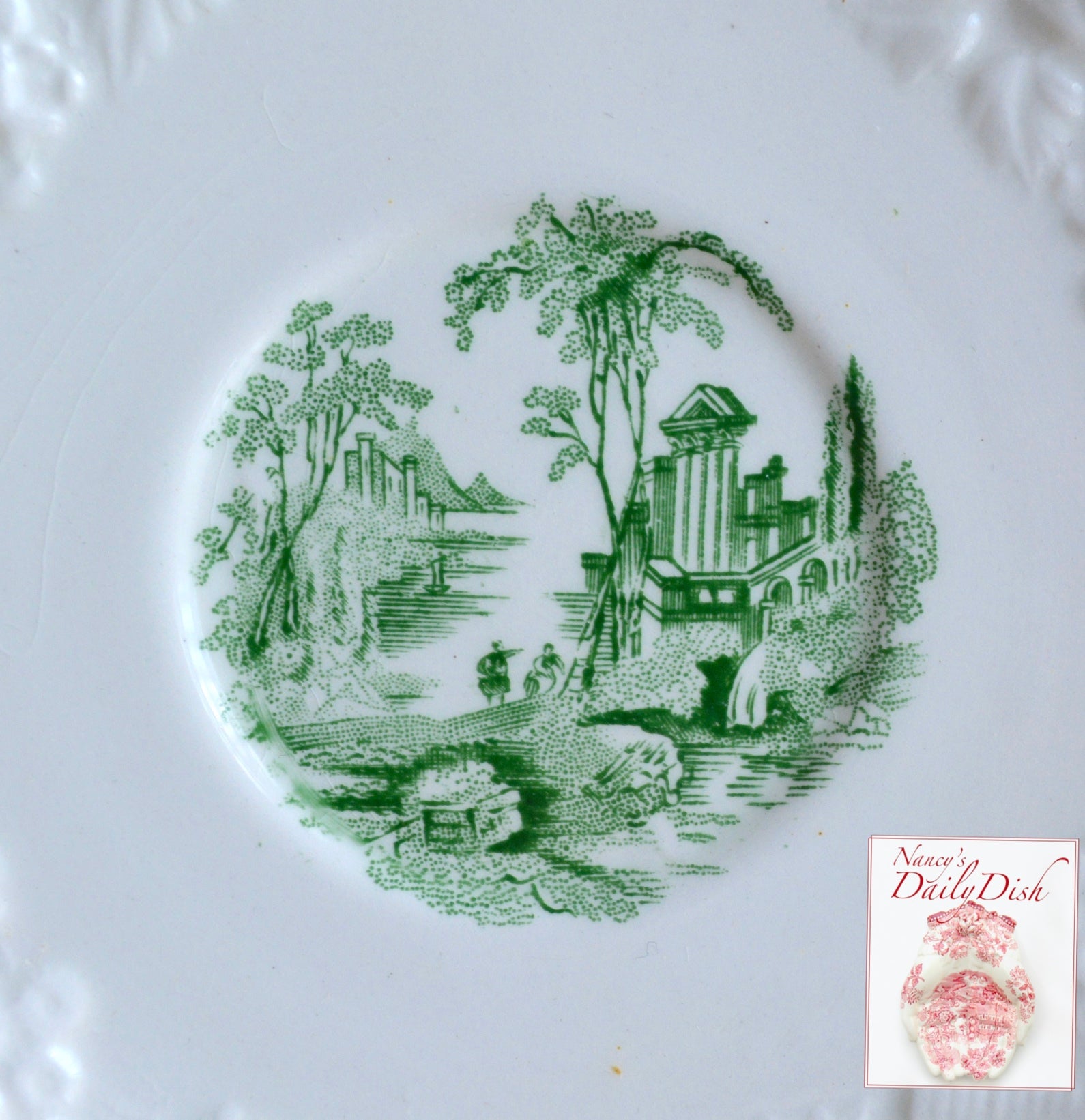 Antique Green English Transferware Cup and Saucer Embossed Floral Bord