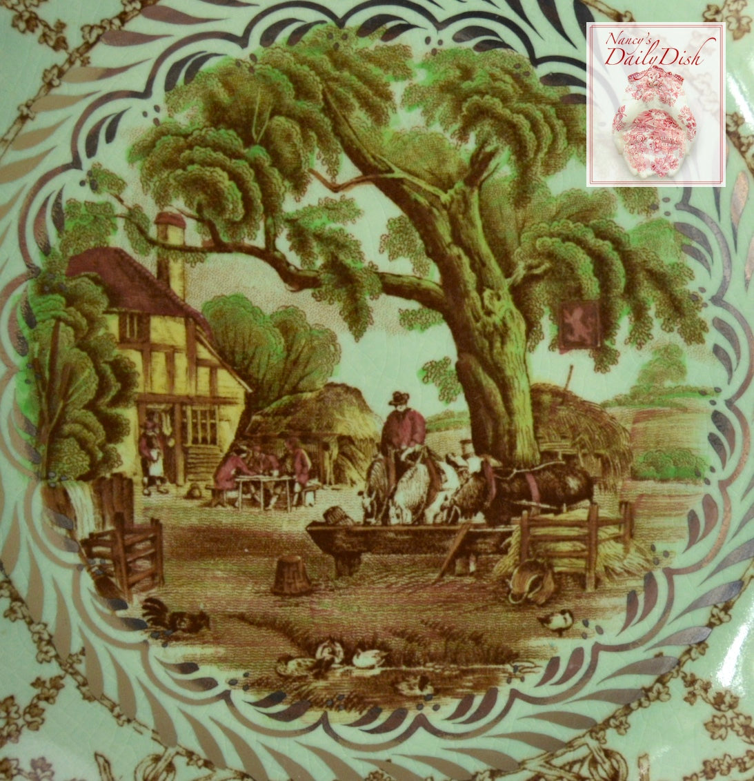 EXTREMELY RARE A J Wilkinson Rural Scenes Brown Transferware 8" Scallo