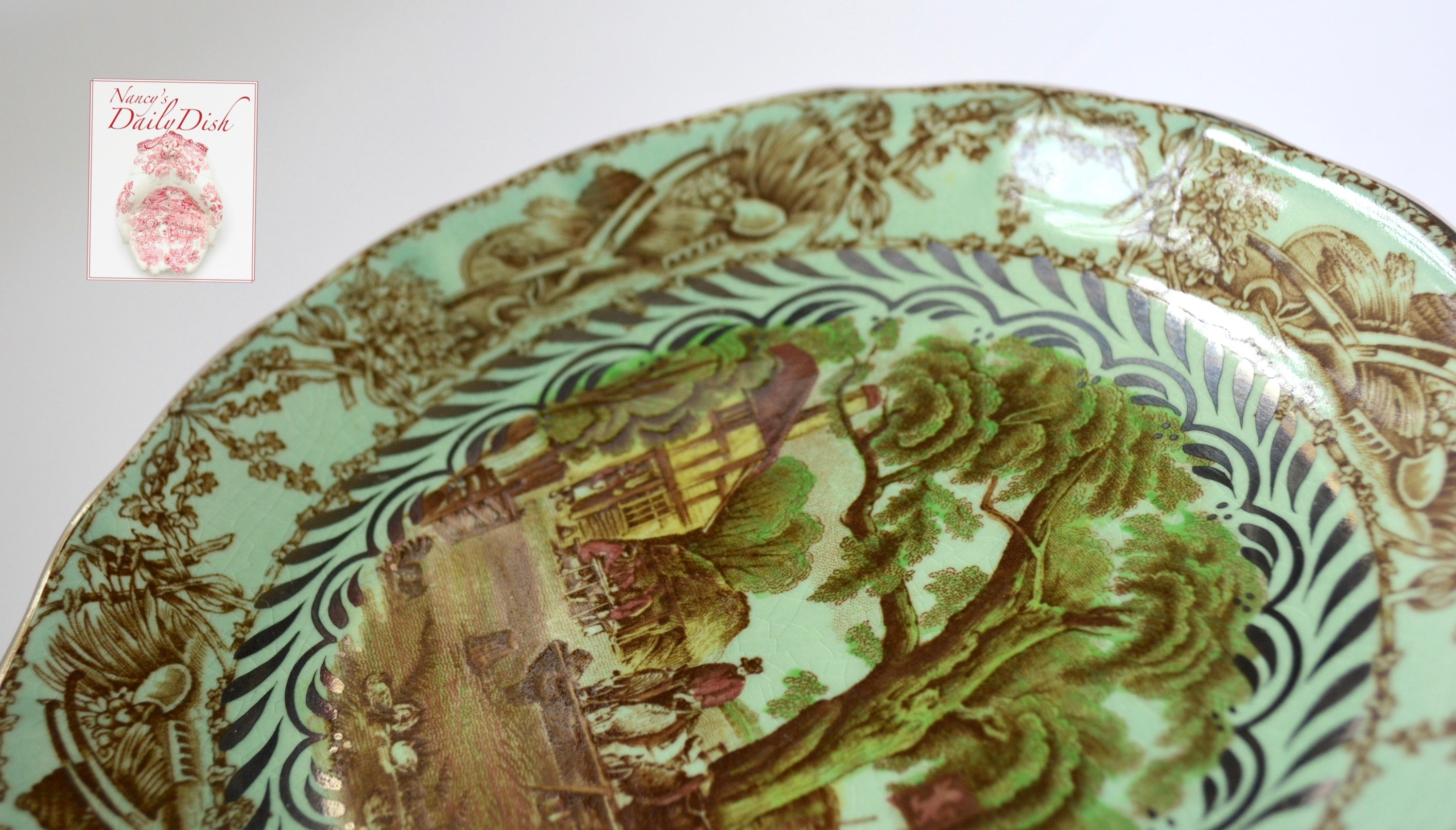 EXTREMELY RARE A J Wilkinson Rural Scenes Brown Transferware 8" Scallo