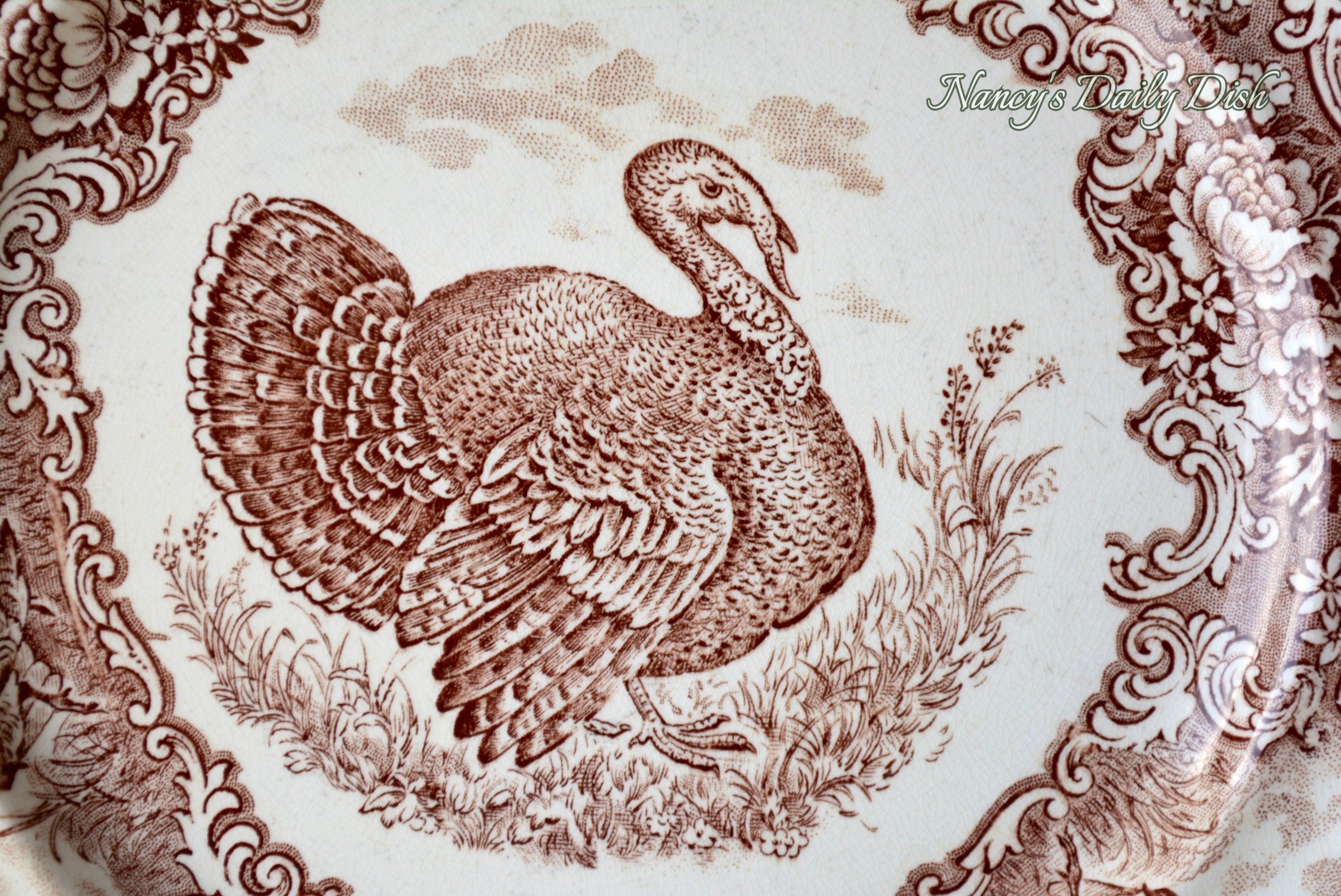 R & M Antique Brown Transferware Staffordshire Thanksgiving Tom Turkey