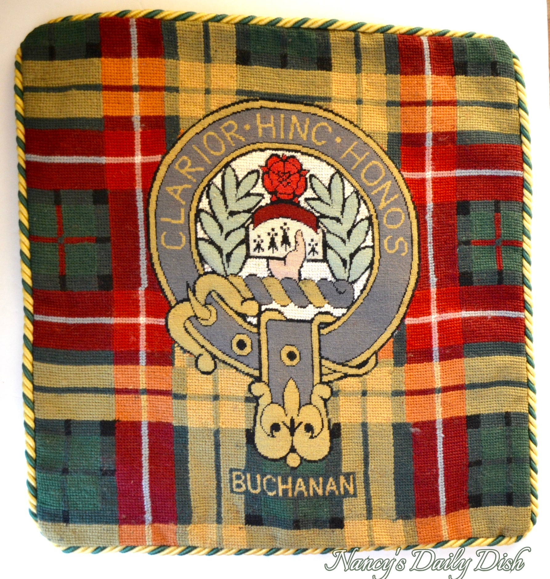 Scottish Tartan Plaid Buchanan Clan Motto Wool Needlepoint Pillow Cove