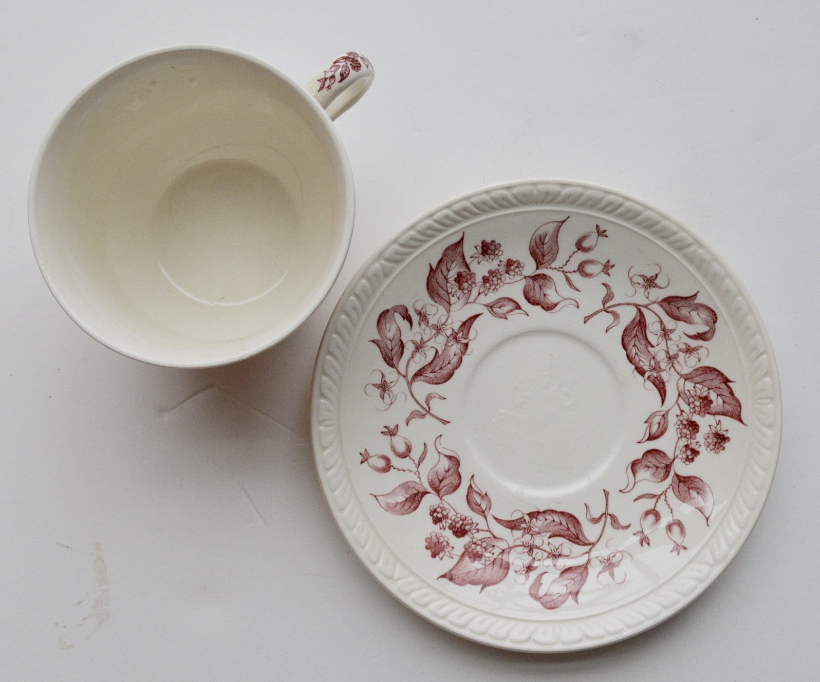 Red Transferware Ironstone Tea Cup & Saucer Farmhouse Old English Craf