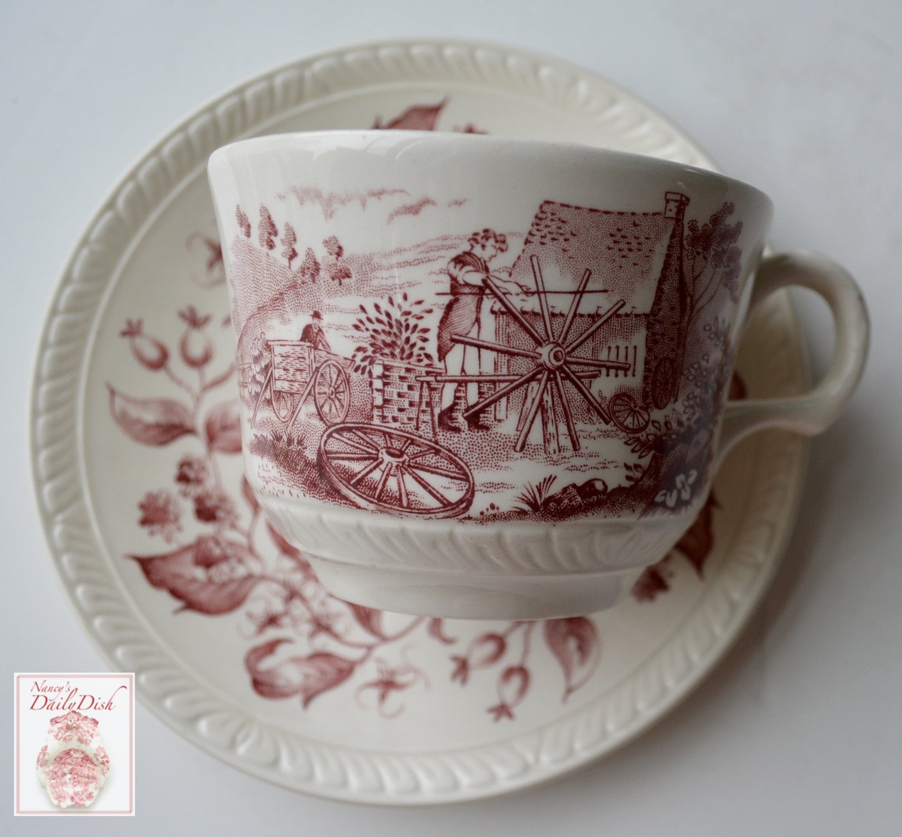 Red Transferware Ironstone Tea Cup & Saucer Farmhouse Old English Craf