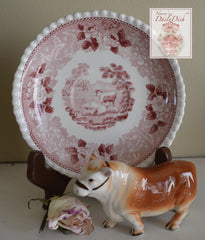 Farmhouse Scenery Grazing Sheep & Cows / Cattle Red Transferware Plate