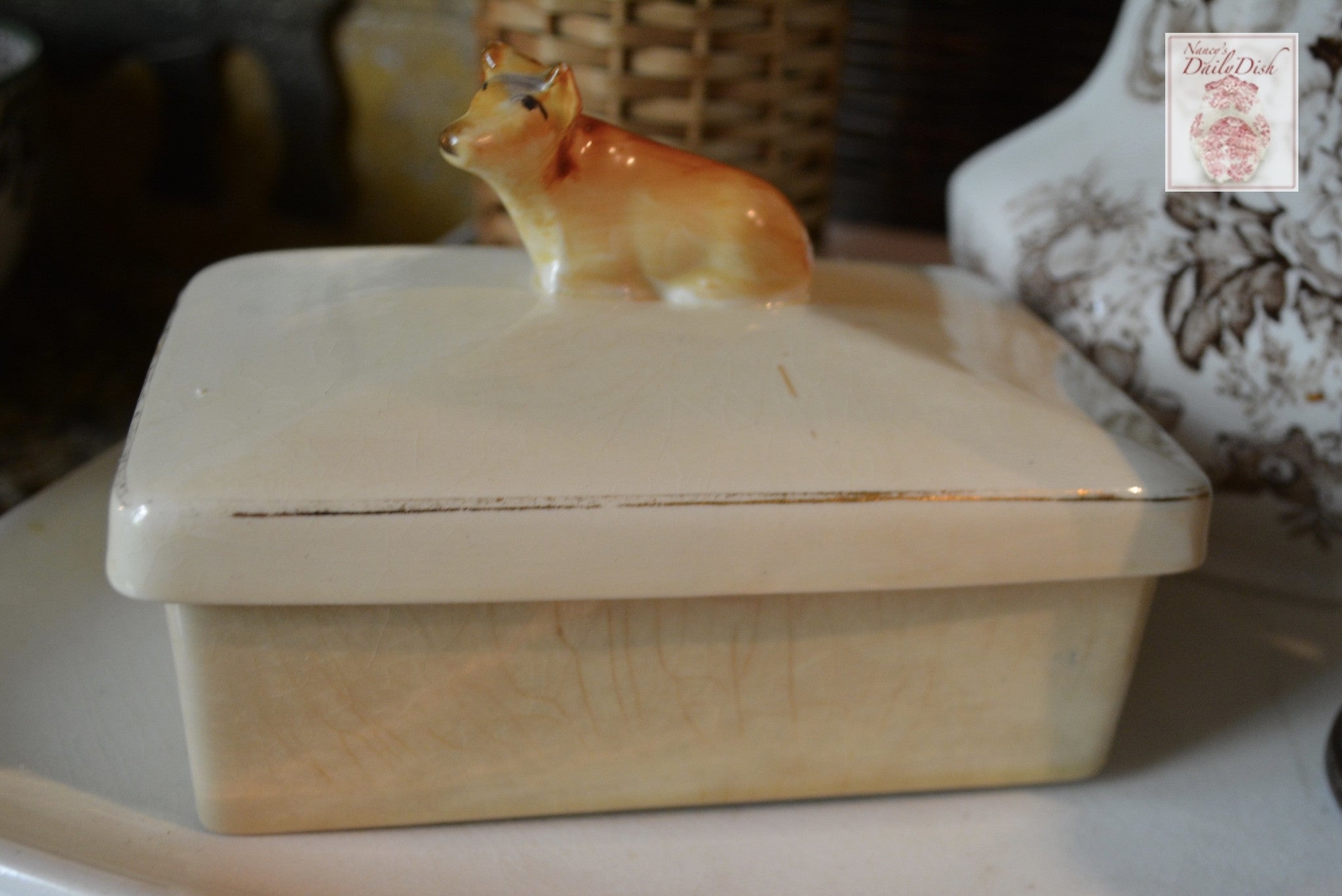 Figural Cow Topped Lidded Butter Dish Box or Tea Caddy Crown Devon