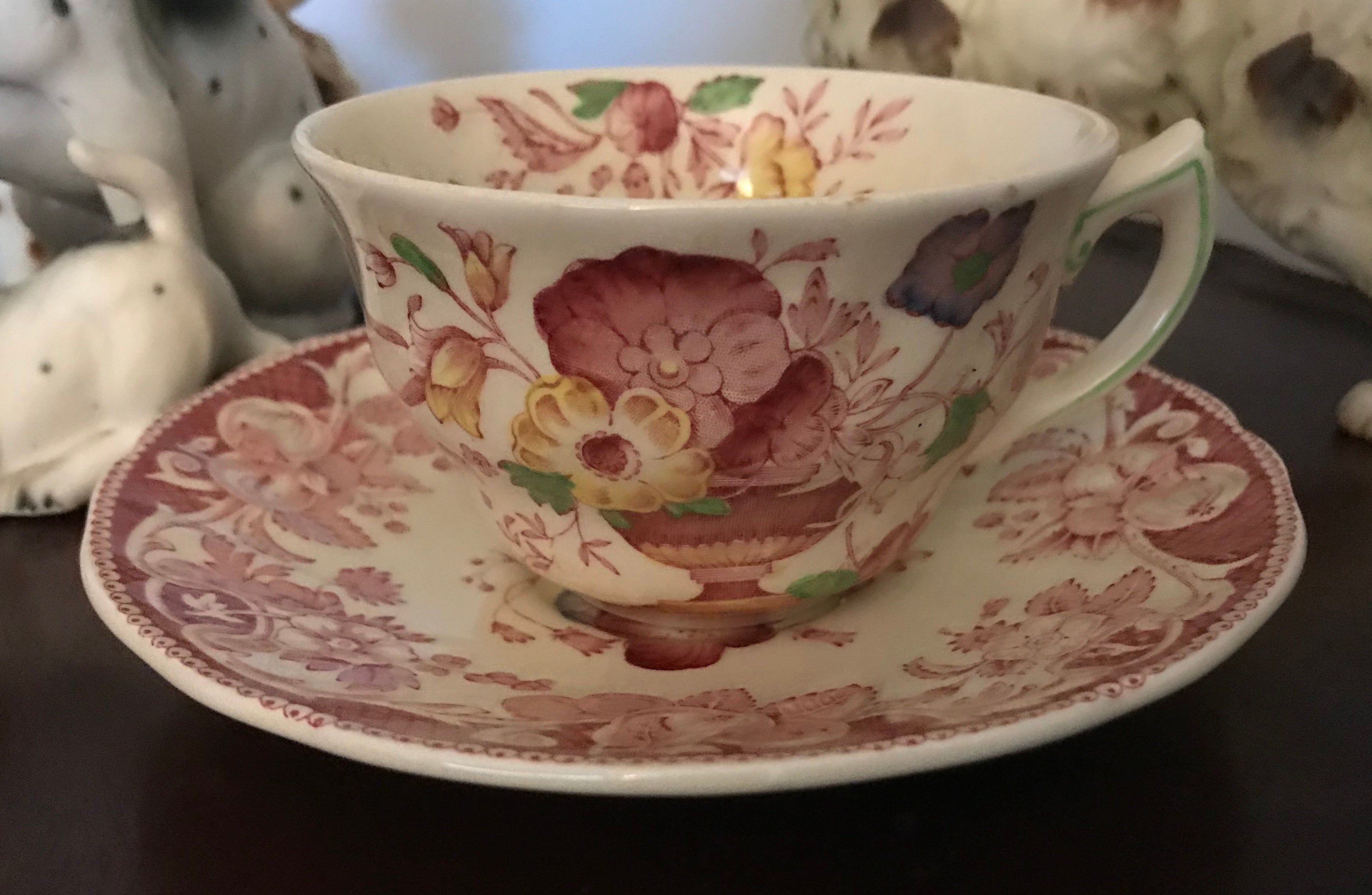Vintage Red Transferware Polychrome Tea Cup & Saucer Royal Doulton Pom