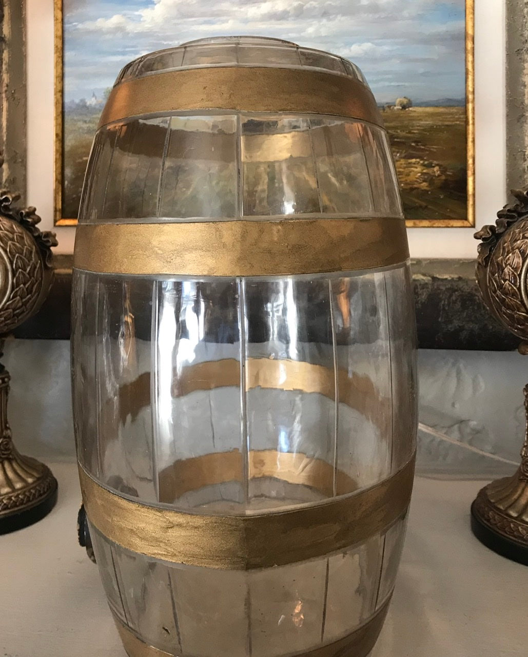 1893 Antique 2 Gallon Clear Glass English Edwardian RUM Barrel Pub / B